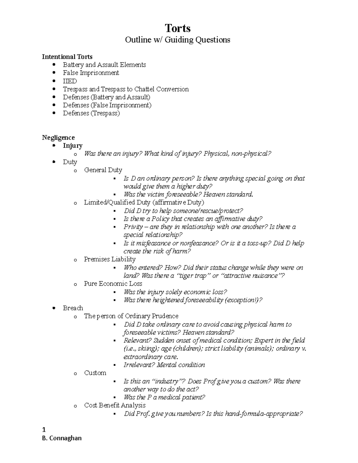 Torts Outline - Exam Prep Materials - Prof. Duff - Outline w/ Guiding ...