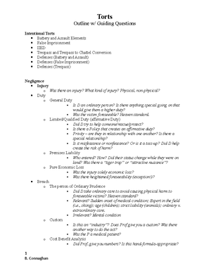 Torts Outline - Introduction a) What is a Tort? i) A civil wrong for ...