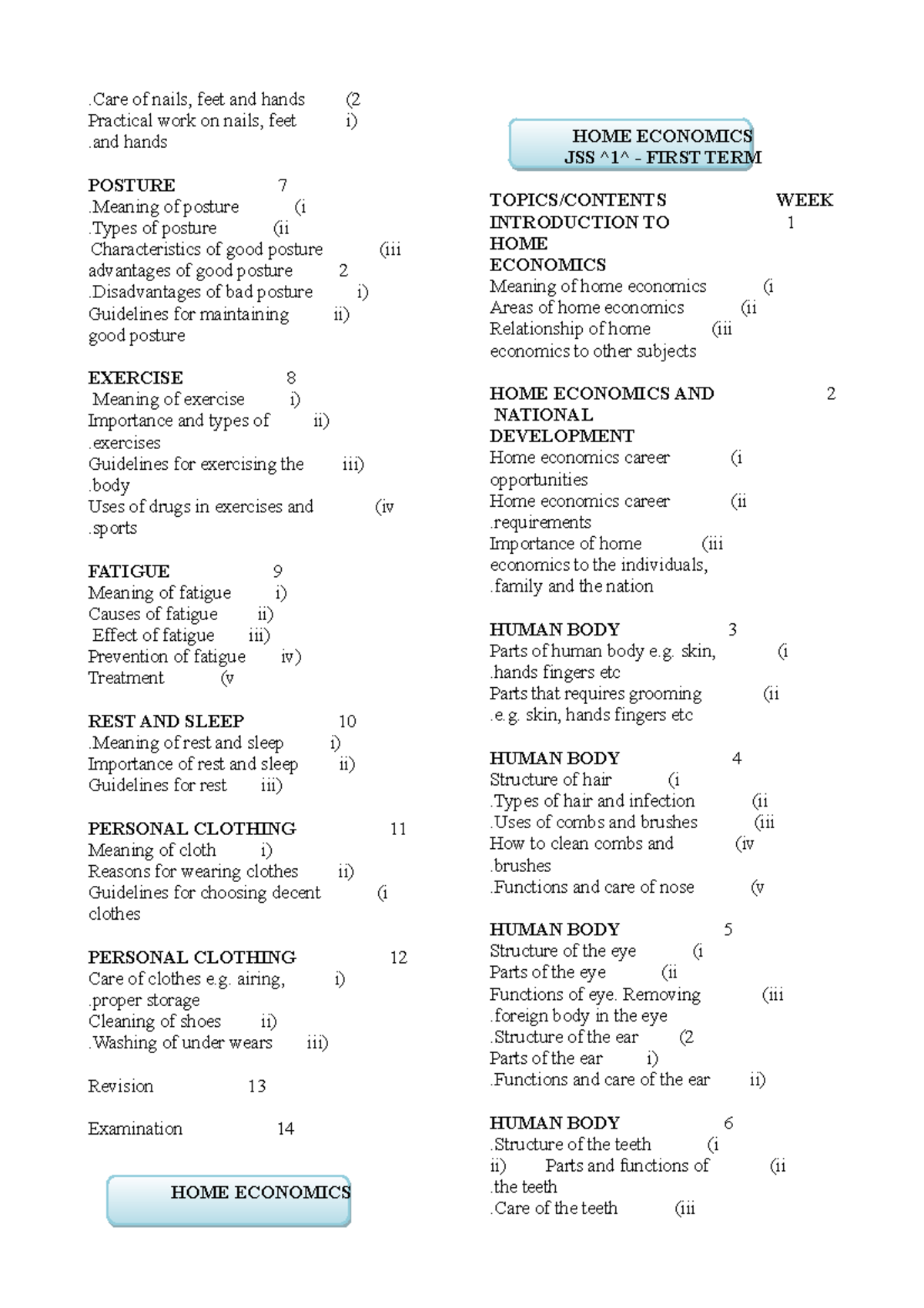 HOME Economics JS 1 SCHM - HOME ECONOMICS JSS ^1^ - FIRST TERM ...