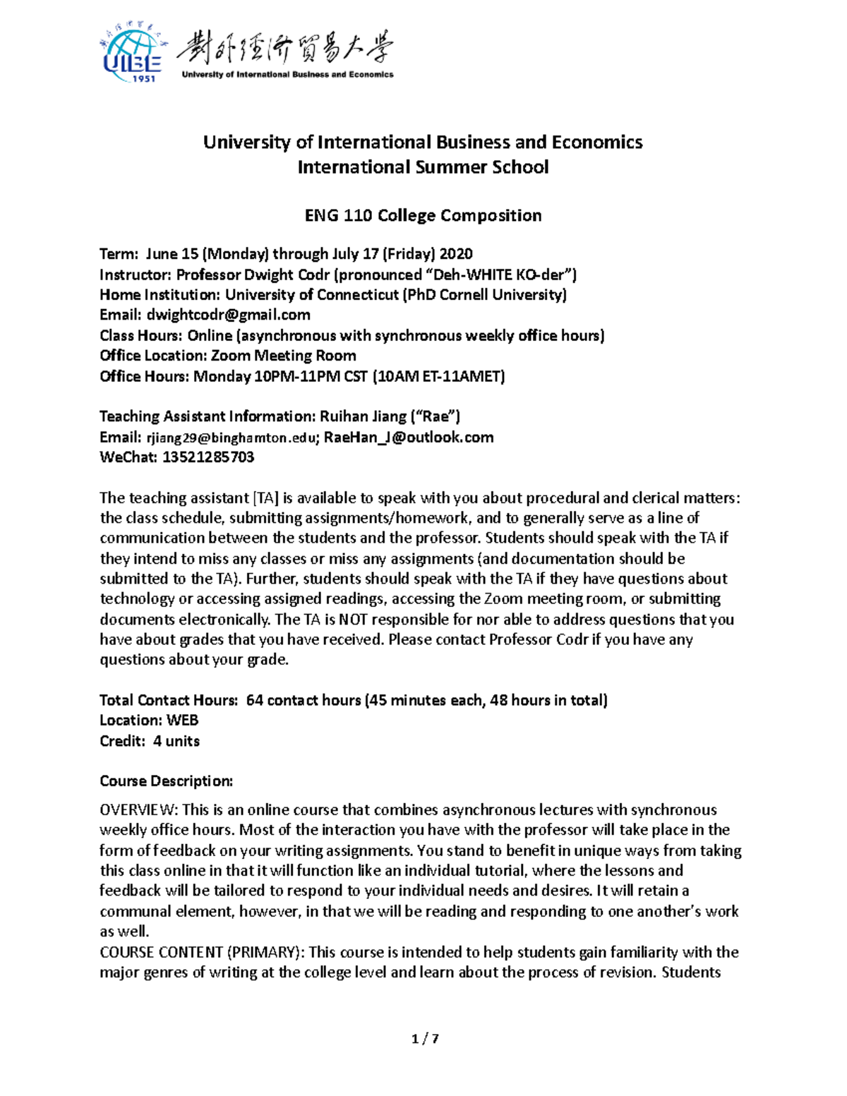 ENG 110 Syllabus - University of International Business and Economics ...