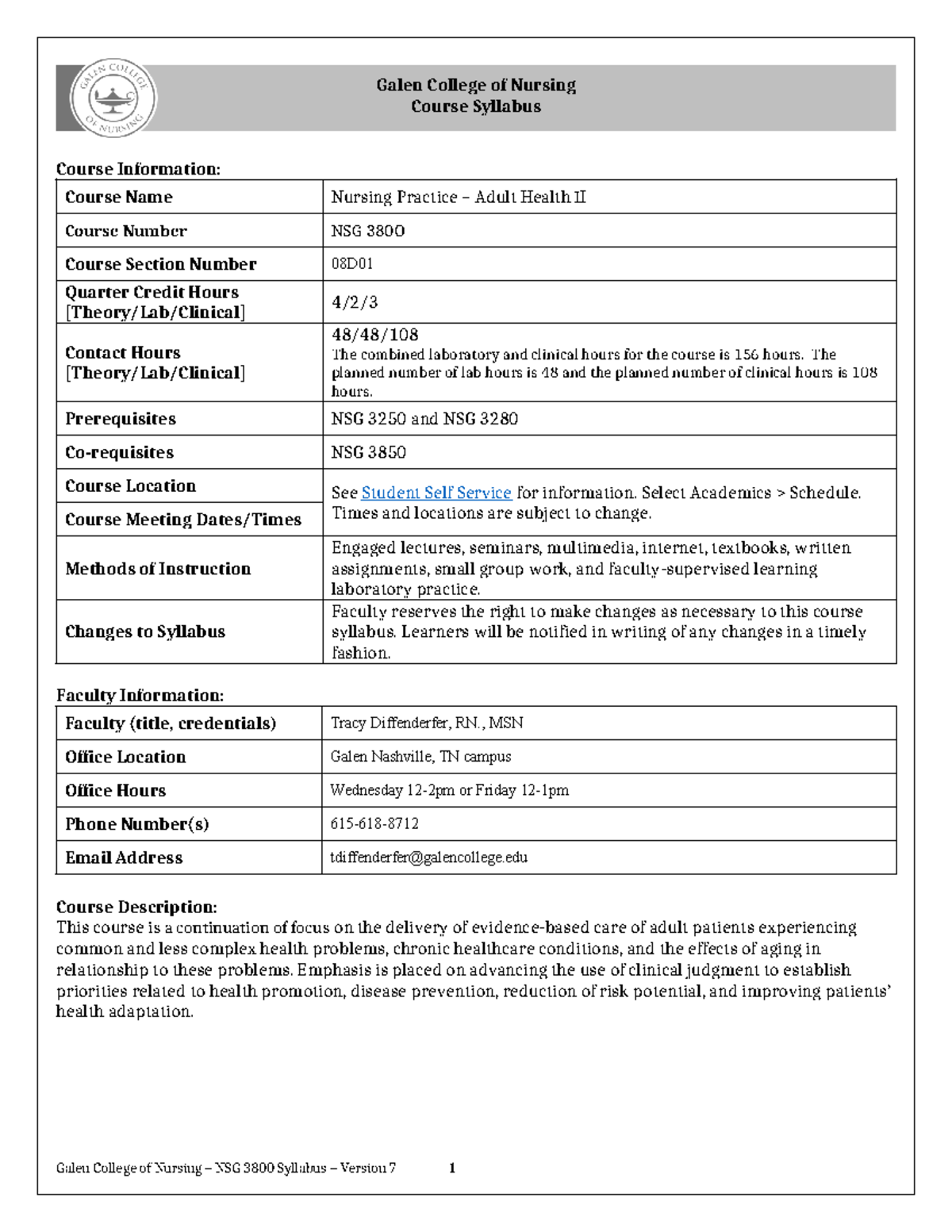 NSG 3800 Syllabus Version 7 - Galen College of Nursing Course Syllabus ...
