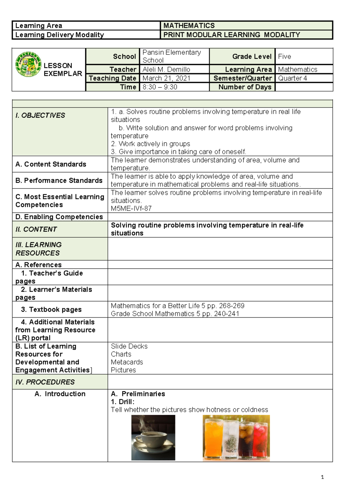 IDEA-Exemplar- Mathematics 5 2nd demo - Learning Area MATHEMATICS ...