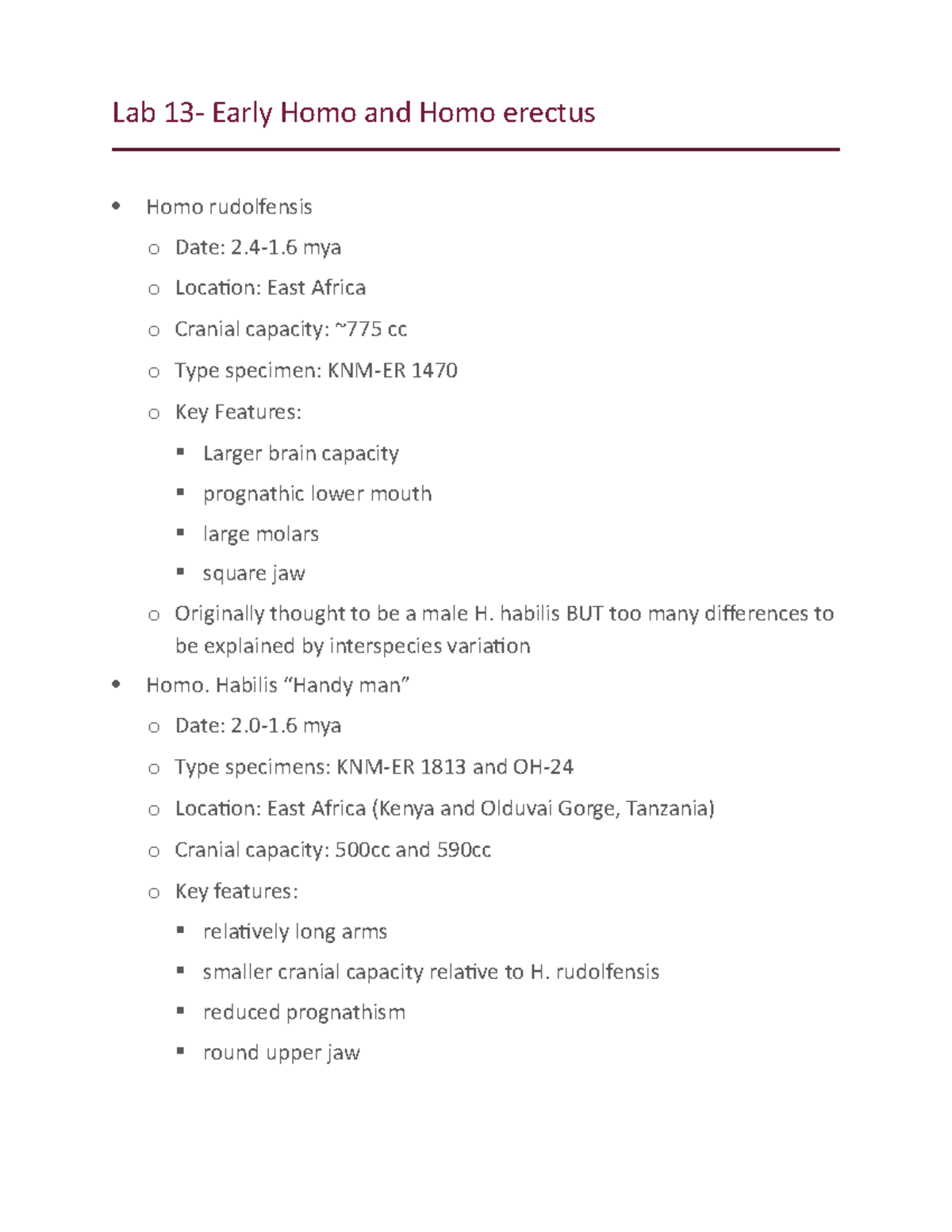 Lab 13-Early Homo and Homo erectus - Lab 13- Early Homo and Homo ...