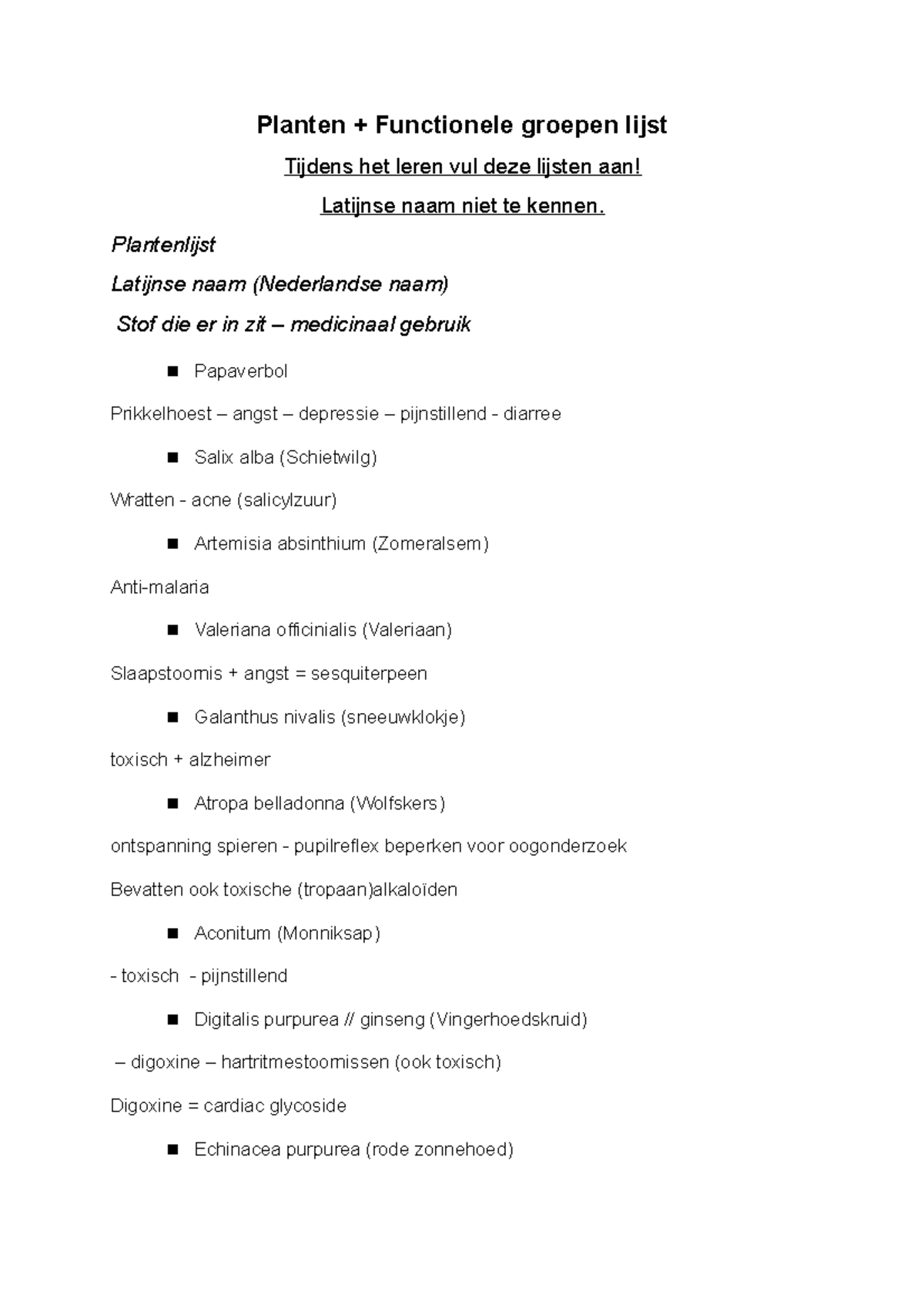 Alle planten FA-BA 103 - Planten + Functionele groepen lijst Tijdens het leren vul deze lijsten ...