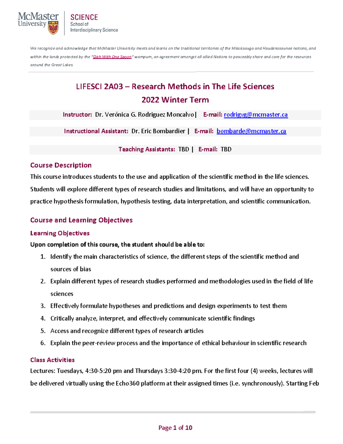 Lifesci-2A03 course outline - We recognize and acknowledge that ...