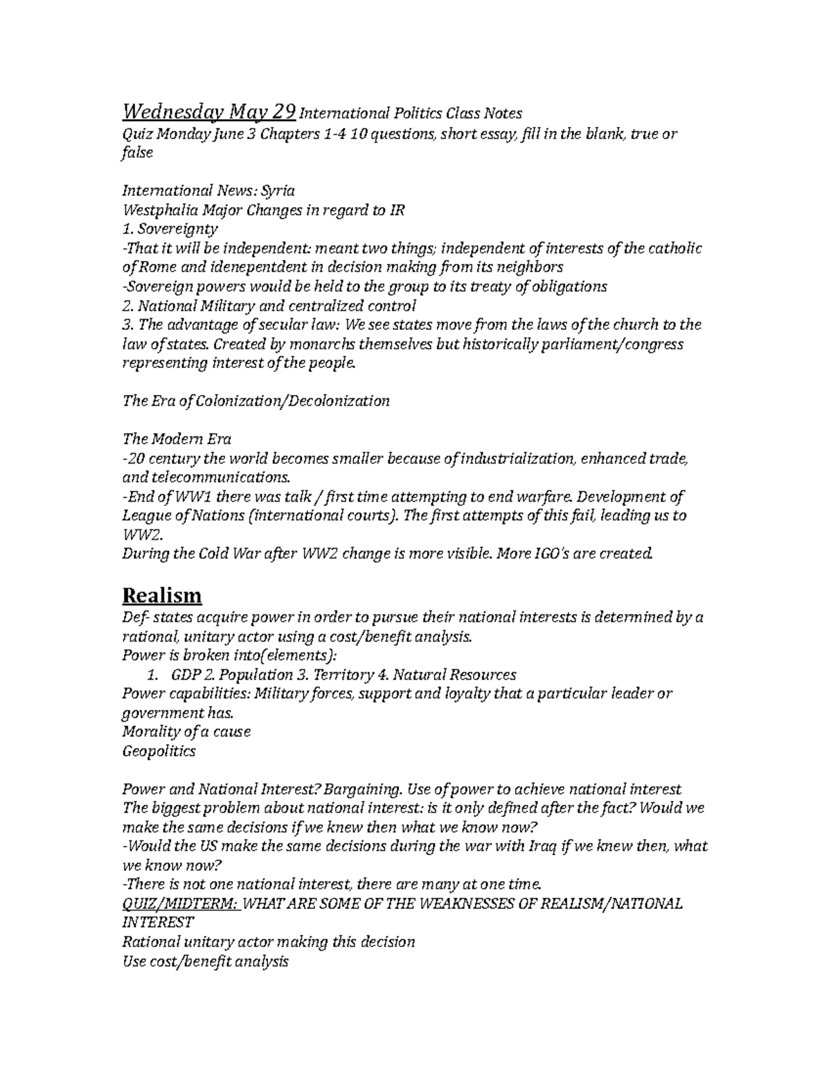 International Politics Notes class notes - Wednesday May 29 ...