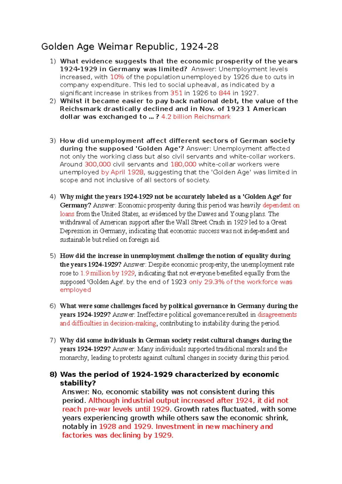 Weimar evidence questions - Golden Age Weimar Republic, 1924- 1) What ...