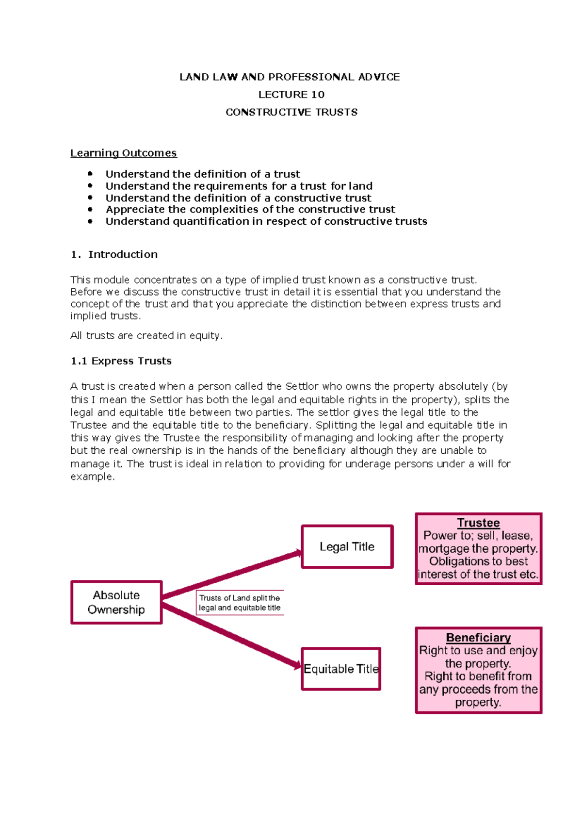 Lecture 10 - Outline - Constructive Trusts of Land - LAND LAW AND PROFESSIONAL ADVICE LECTURE 10 ...