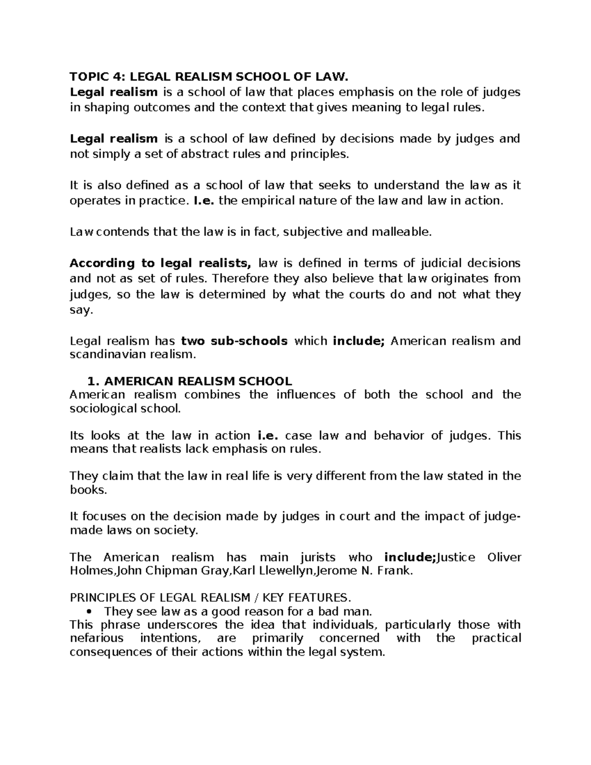 Topic 4. Legal Realism - Good - TOPIC 4: LEGAL REALISM SCHOOL OF LAW ...