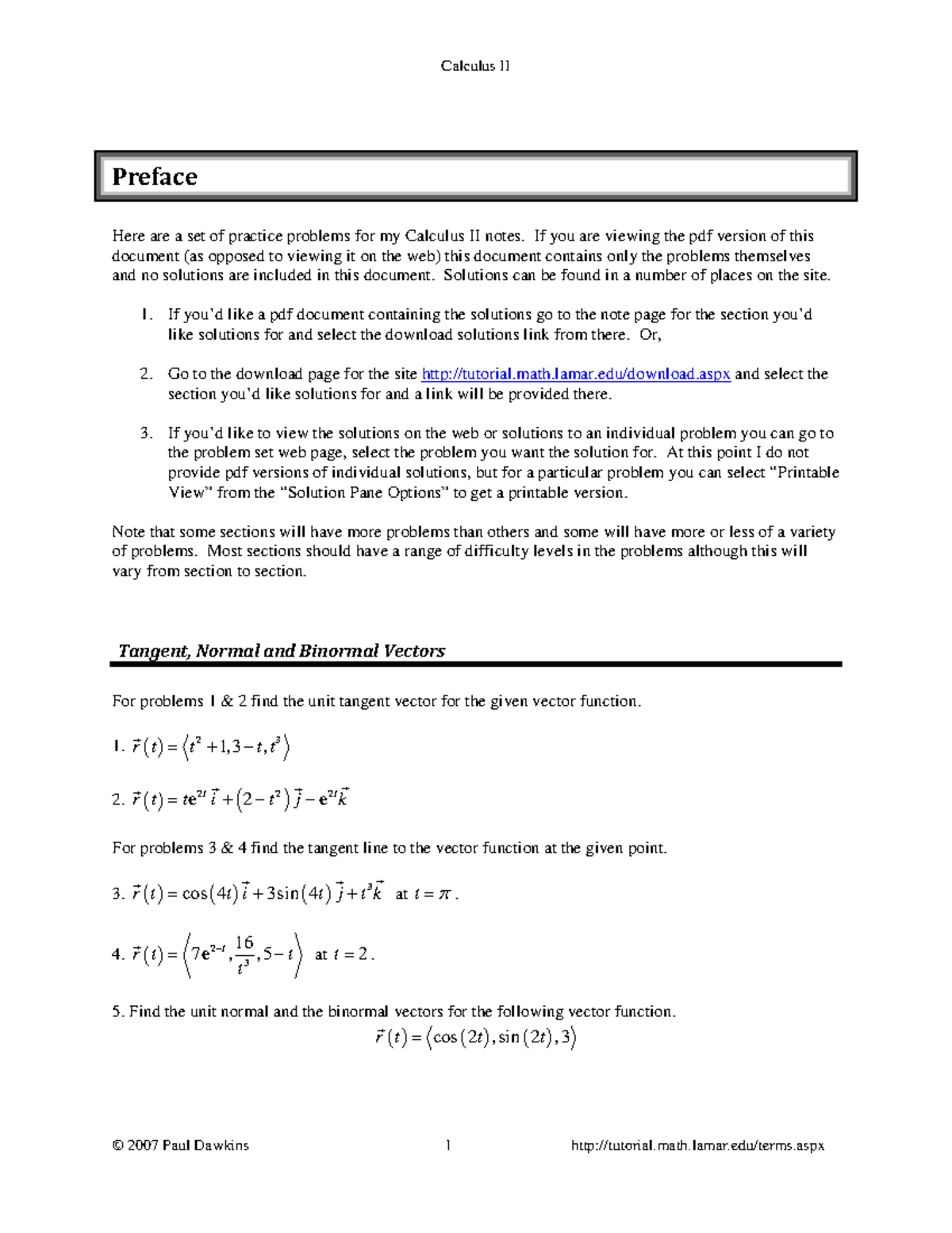 Calc II Tangent Normal Vectors Practice - Calculus II Preface Here are a set of practice ...