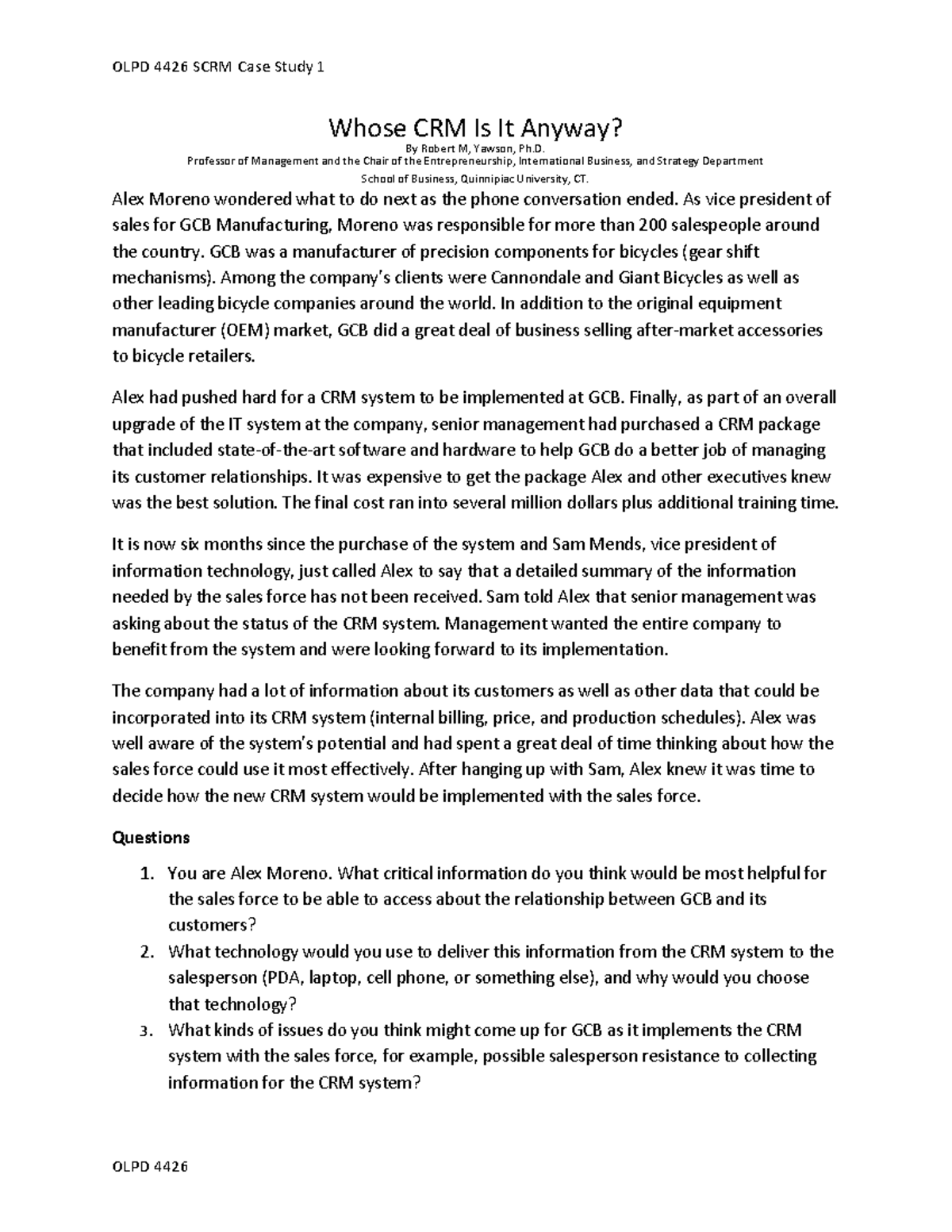 OLPD 4426 CRM Case Study 1 - OLPD 4426 OLPD 4426 SCRM Case Study 1 ...
