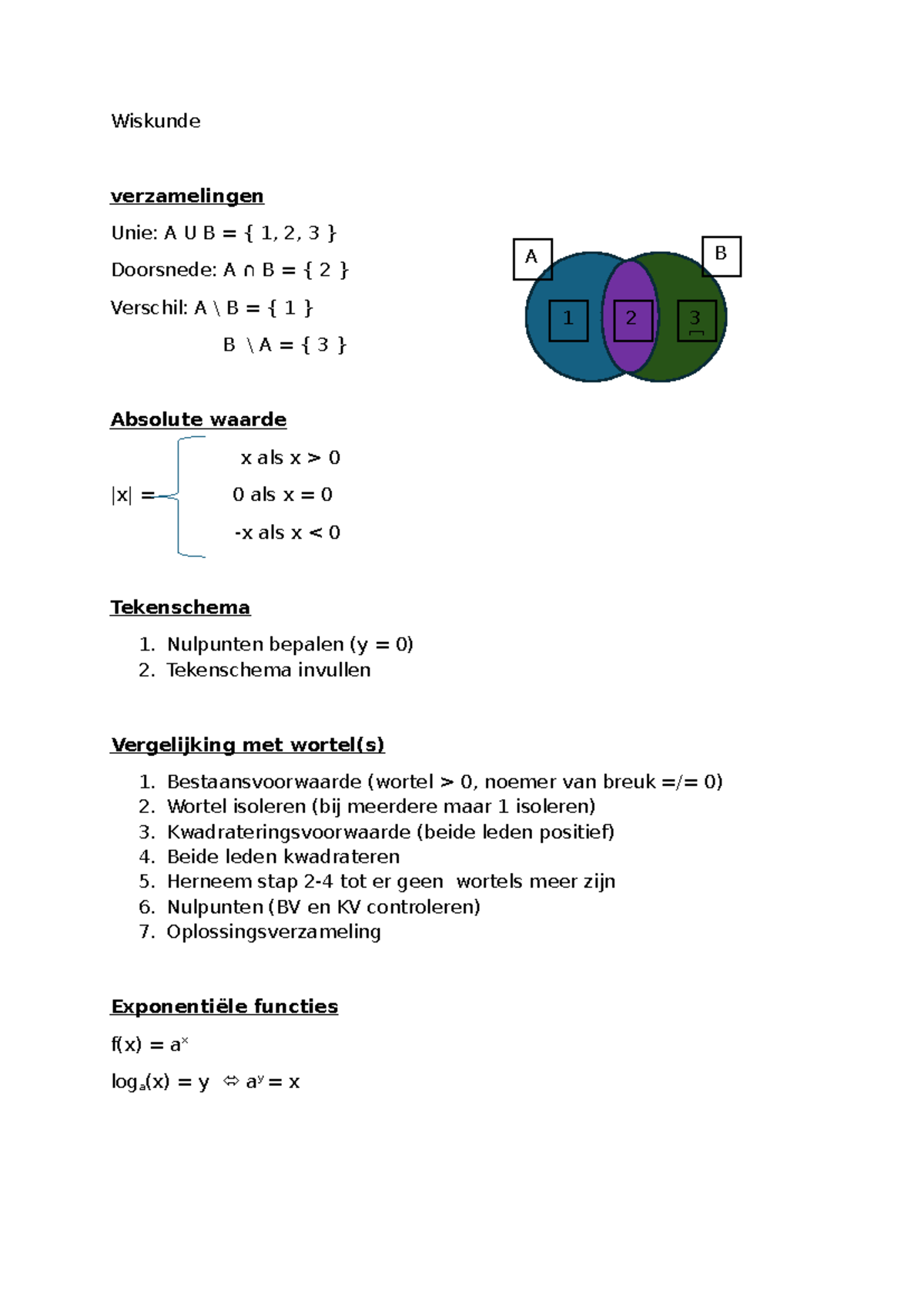 Wiskunde theorie - Wiskunde verzamelingen Unie: A U B = { 1, 2, 3 ...