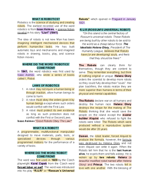 Robotics, Components of a Robot, History of Robotics, Classification of ...