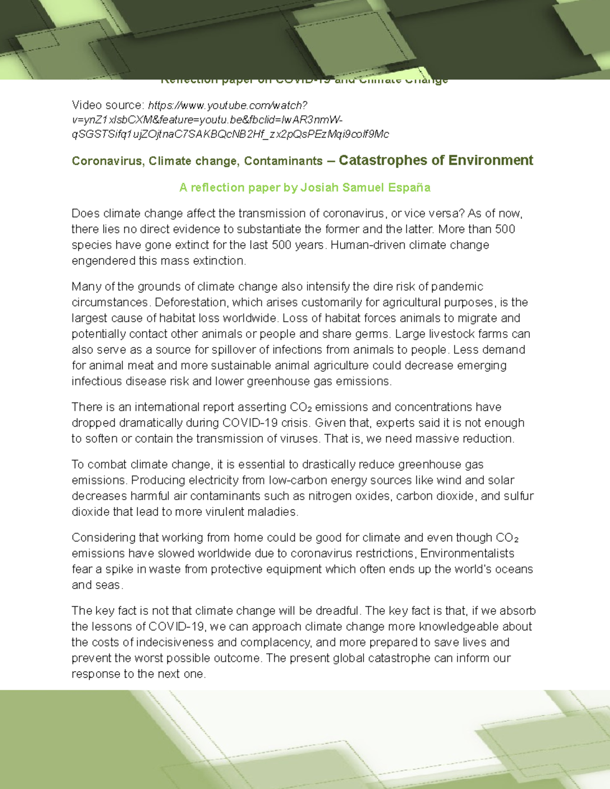 Reflection paper on Covid-19 and Climate Change - Reflection paper on ...