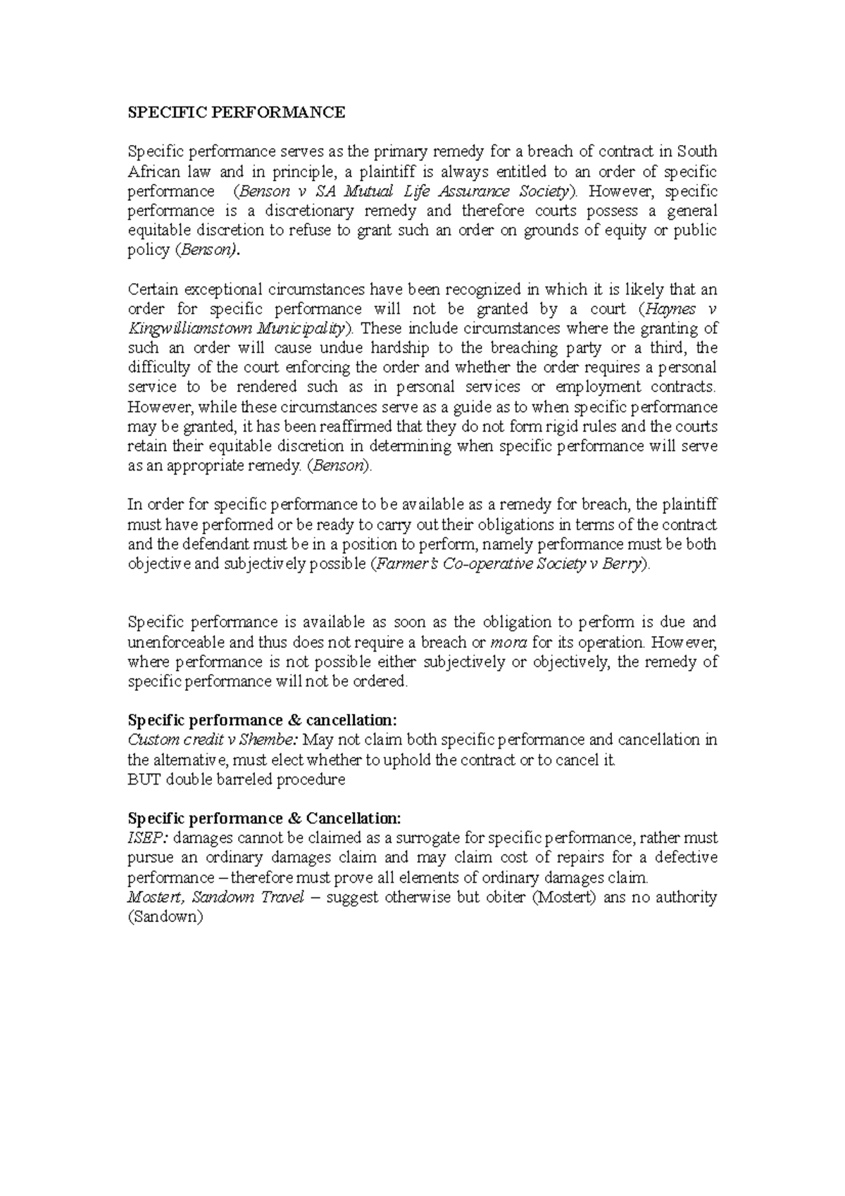 Remedies Answer - SPECIFIC PERFORMANCE Specific performance serves as ...