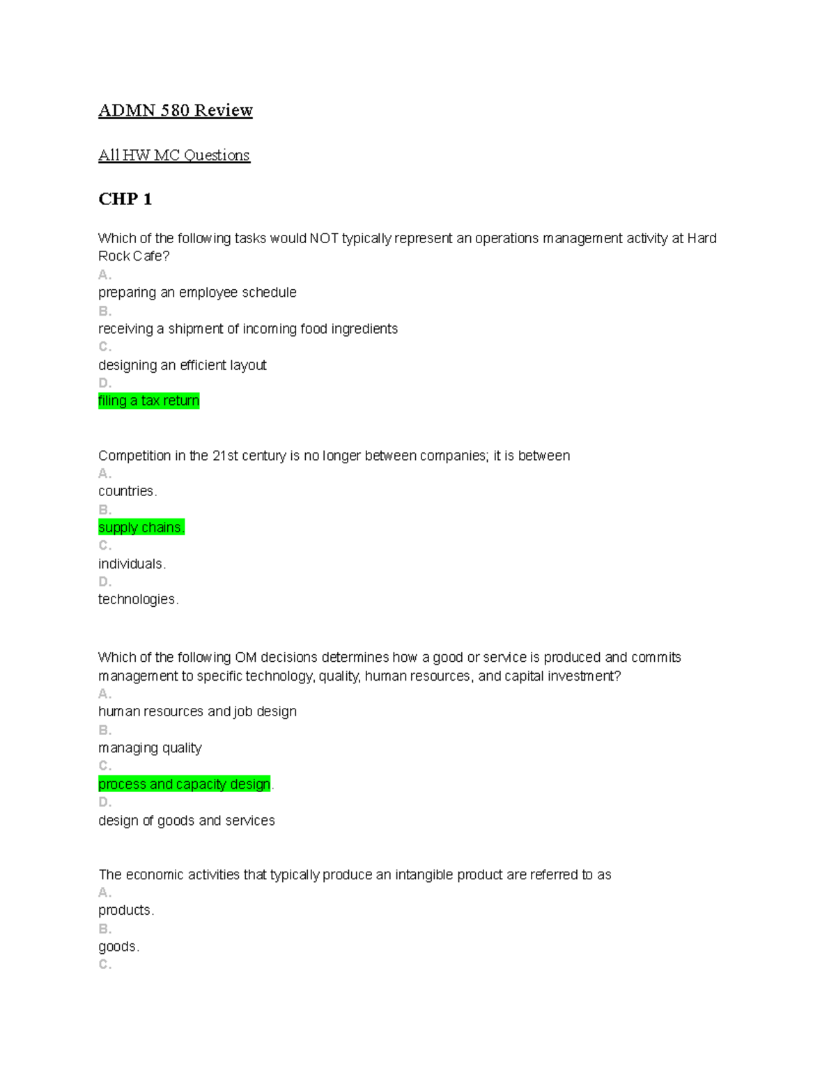 ADMN 580 Review 3 - ADMN 580 Review All HW MC Questions CHP 1 Which of ...