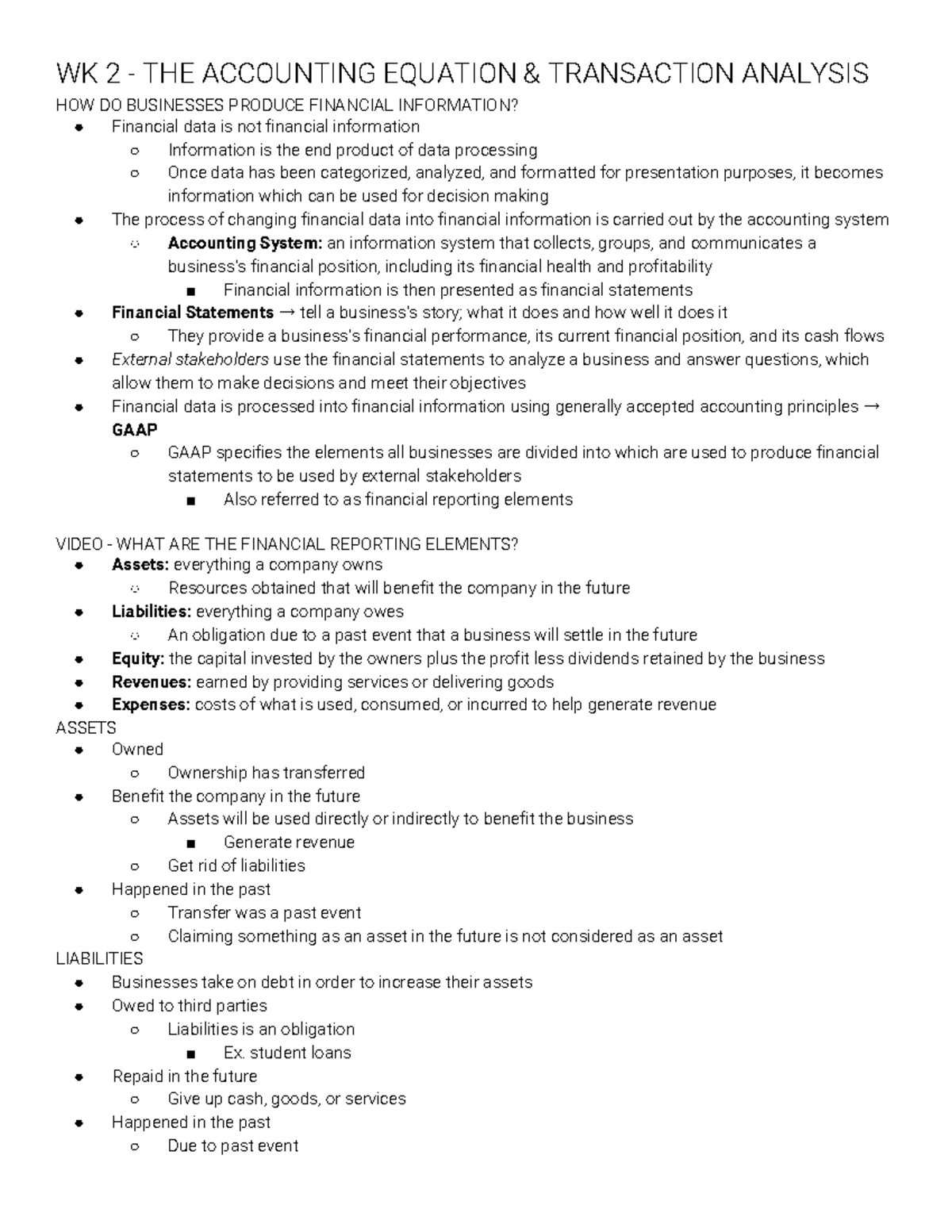 WK 2 - notes for CACC 100 - WK 2 - THE ACCOUNTING EQUATION ...