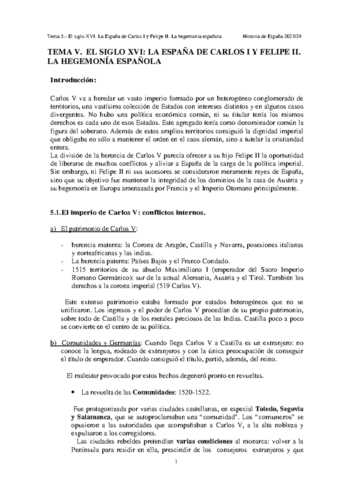 TEMA 5. EL Siglo XVI LA España DE Carlos V Y Felipe II. LA Hegemonía Española - Tema 5.- El ...