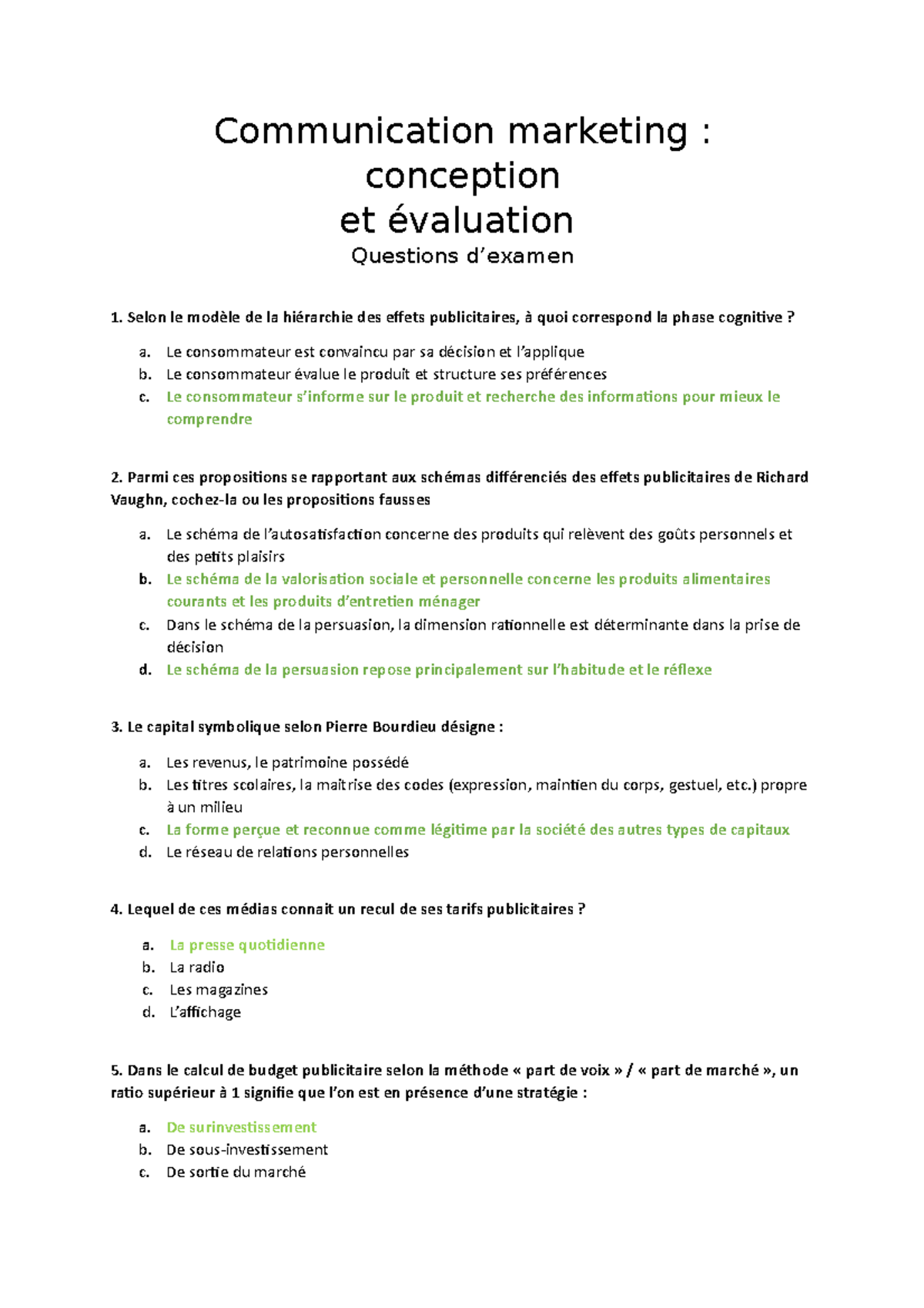 Questions d'examen - Professeur : Louis WIART - Communication marketing ...