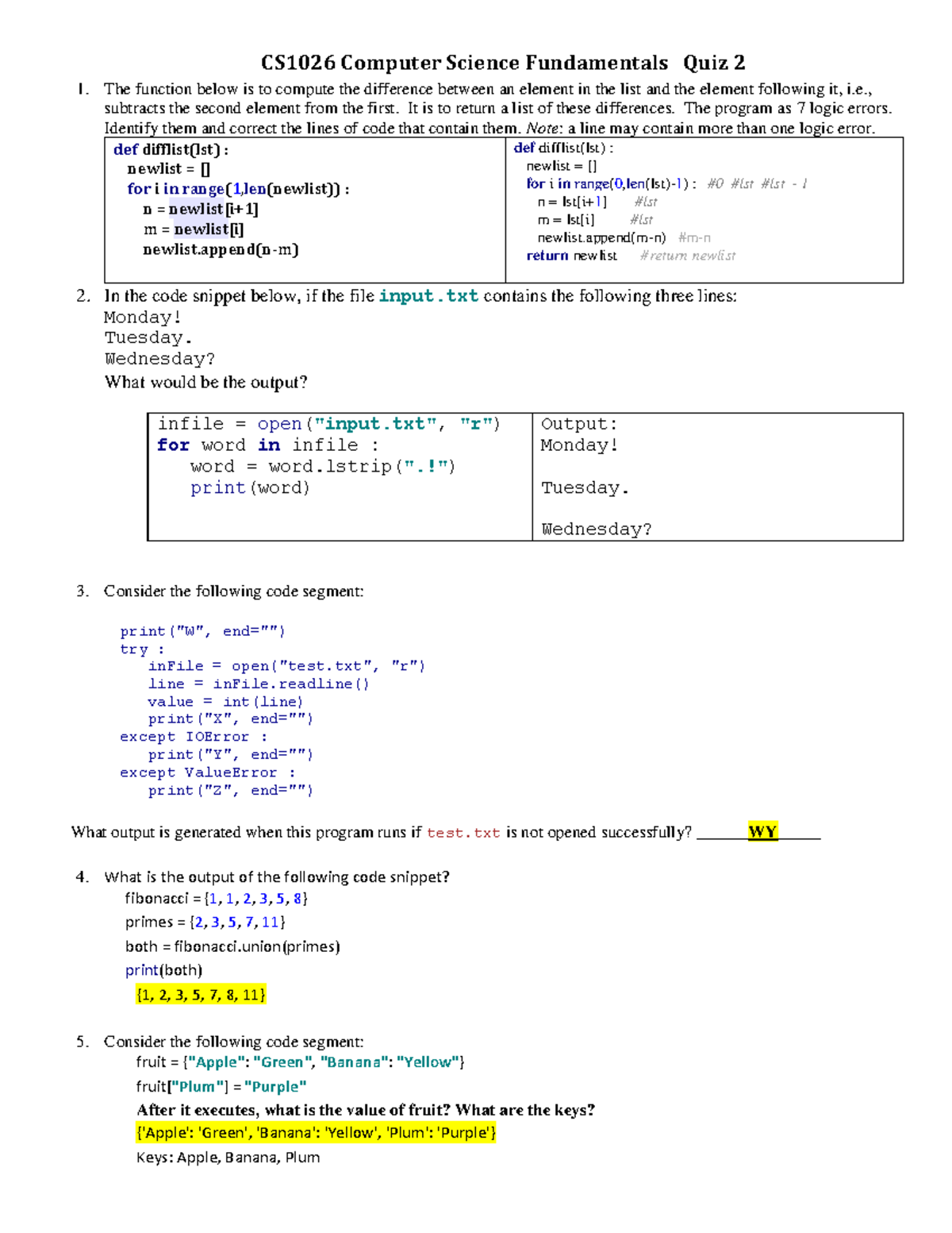 Part1+exe+answer - CSCSCSCSC - CS1026 Computer Science Fundamentals Quiz 2 1. The function below ...