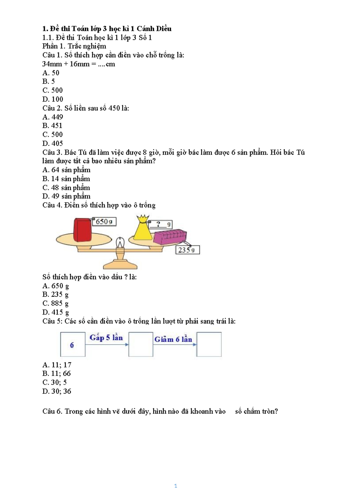DE THI TOAN 3 - SDSDAD - 1. Đề thi Toán lớp 3 học kì 1 Cánh Diều 1. Đề ...