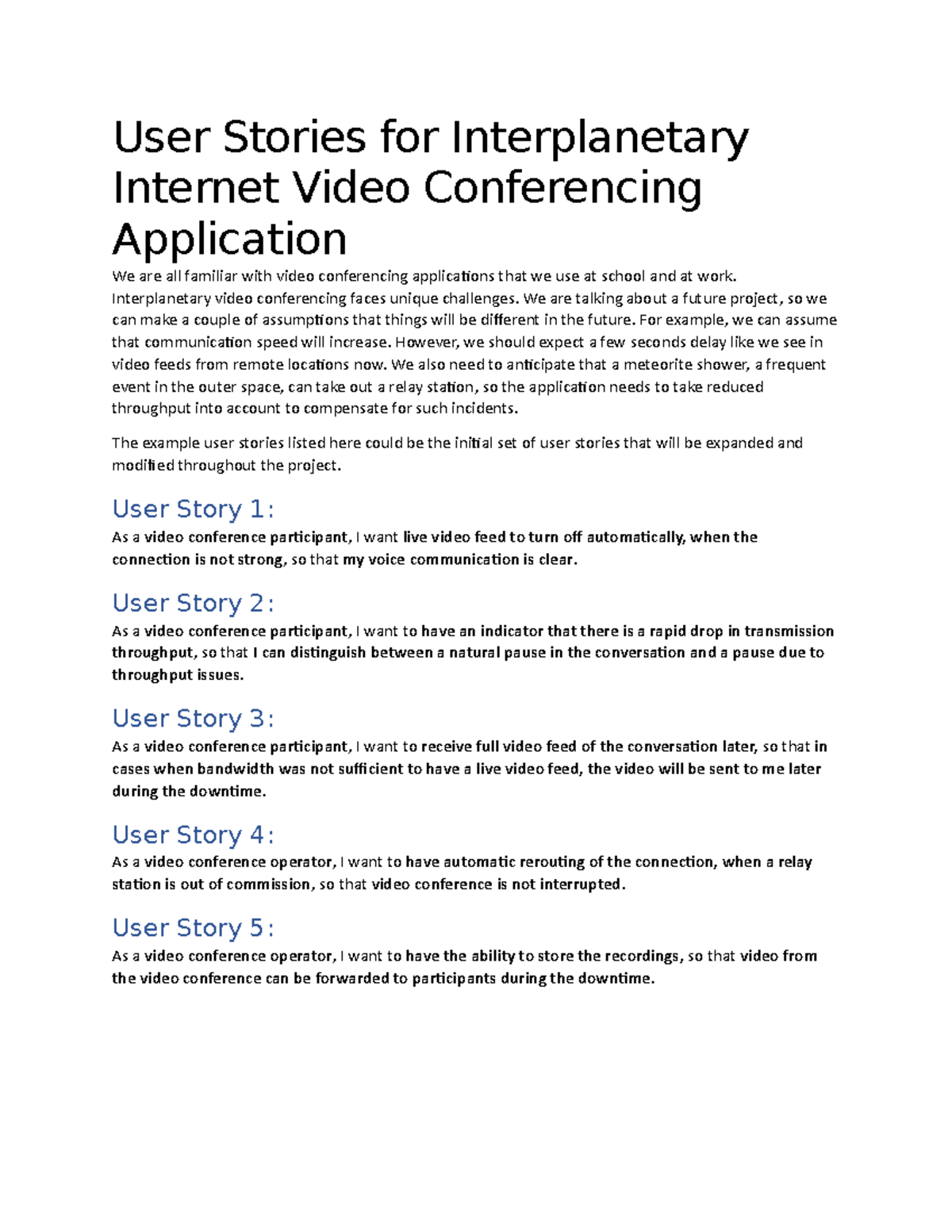 Task 2 model answer (task) - User Stories for Interplanetary Internet Video Conferencing ...