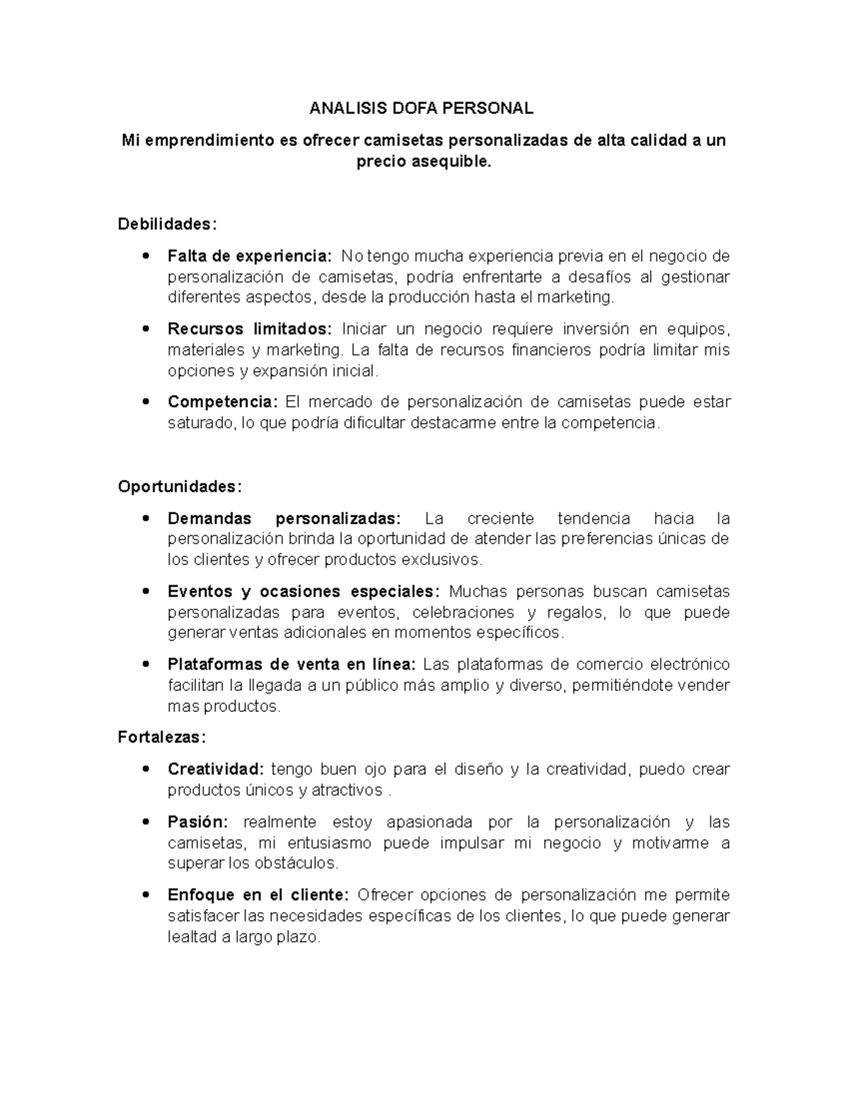 Analisis DOFA Personal - ANALISIS DOFA PERSONAL Mi emprendimiento es ...