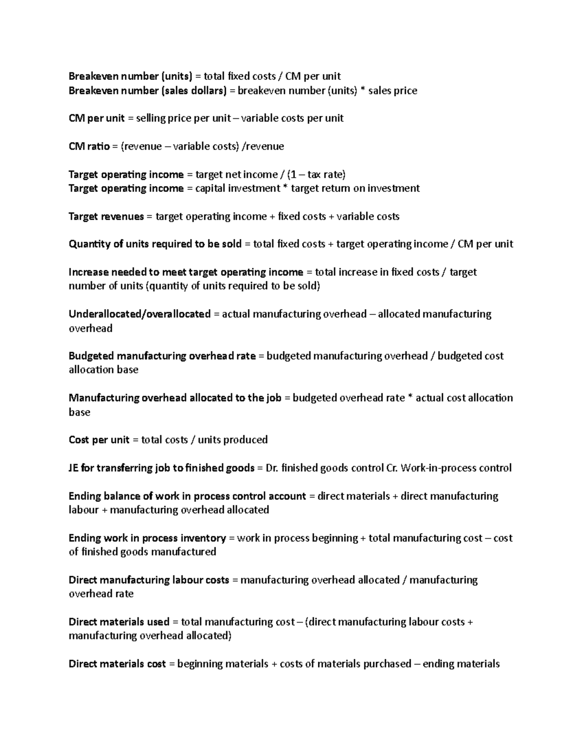 Formula sheet for Cost - definitions, formulas, and concepts for test 1 ...