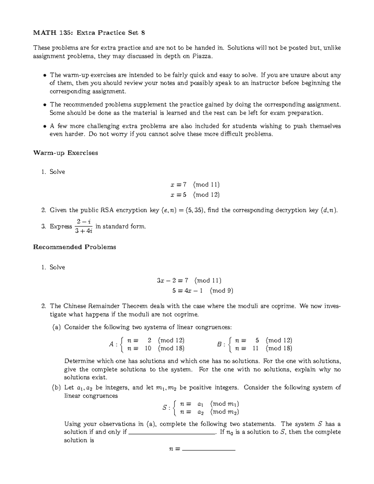 MATH135Extra Practice 08 - MATH 135: Extra Practice Set 8 These problems are for extra practice ...