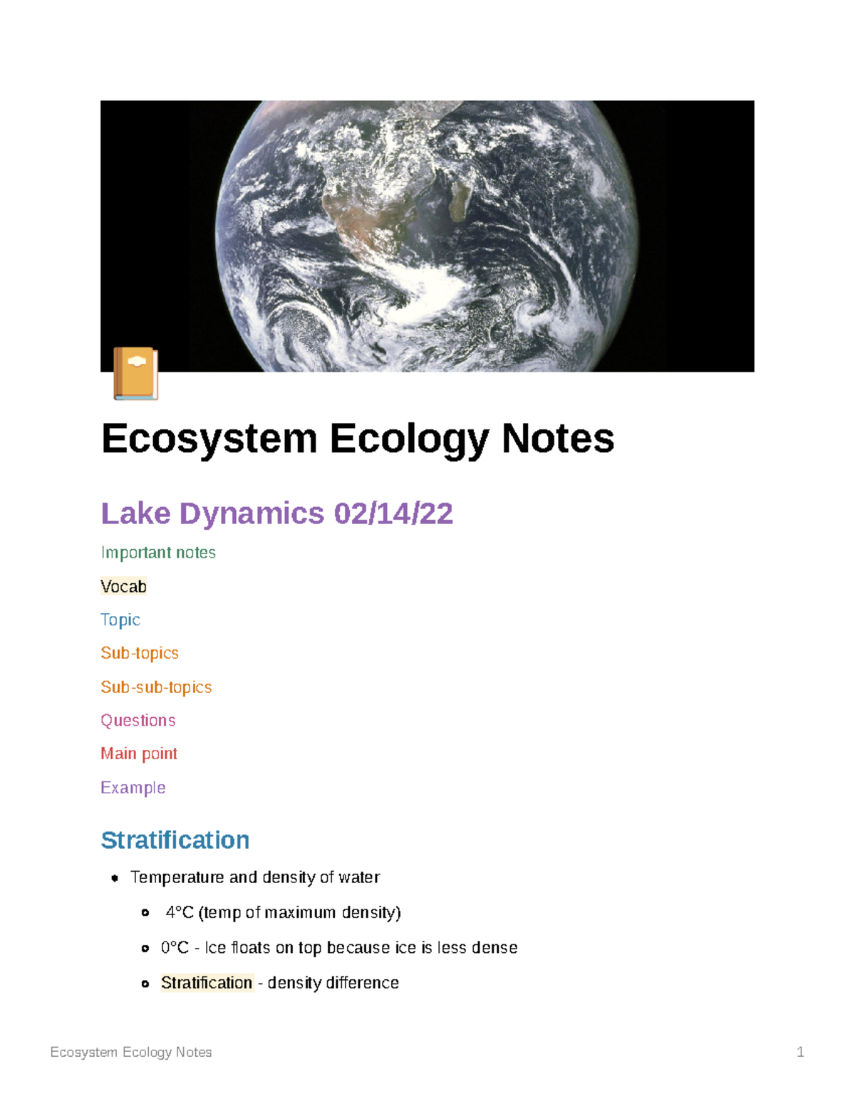 EE (semester notes) - Â Ecosystem Ecology Notes Lake Dynamics 02/14 ...