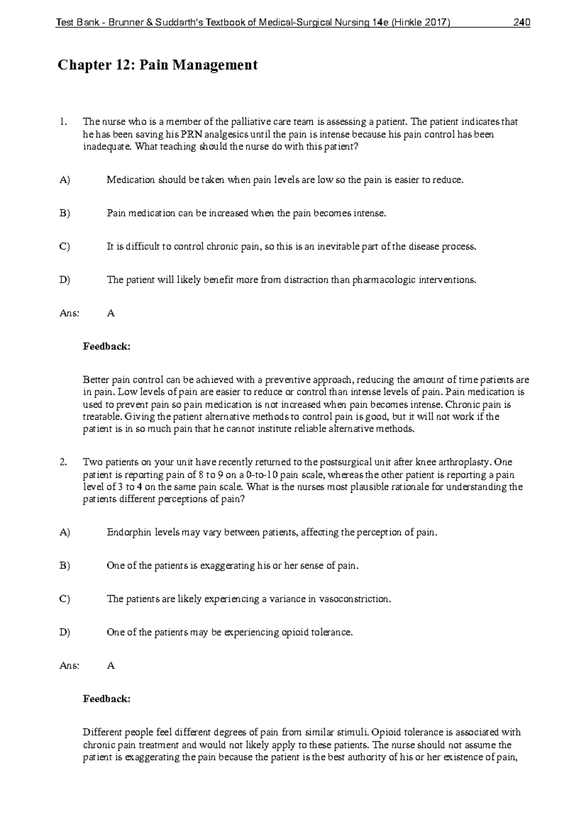 Ch 12 Pain Management - Med surg - Chapter 12: Pain Management The ...