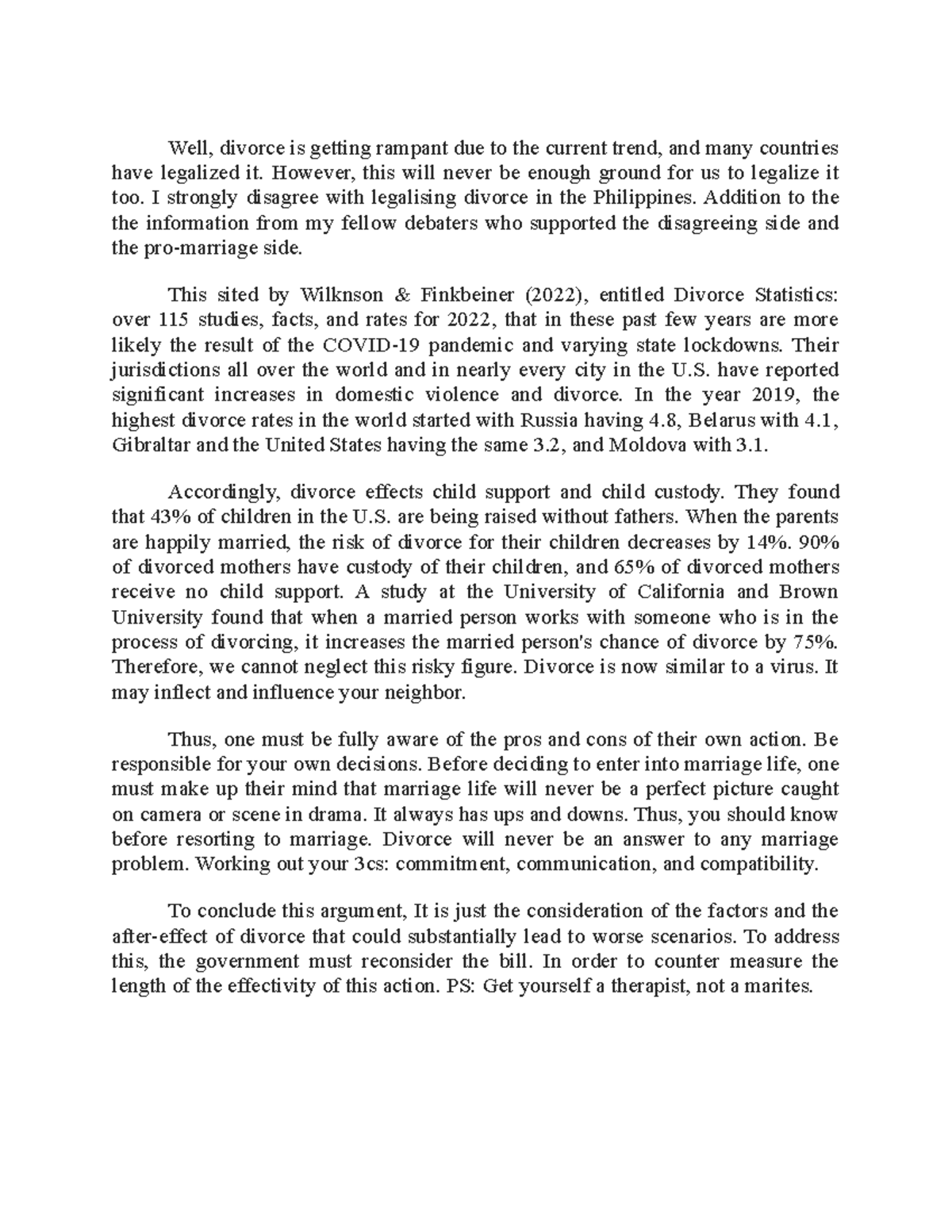 Hannah- Debate - PIECE - Well, divorce is getting rampant due to the ...