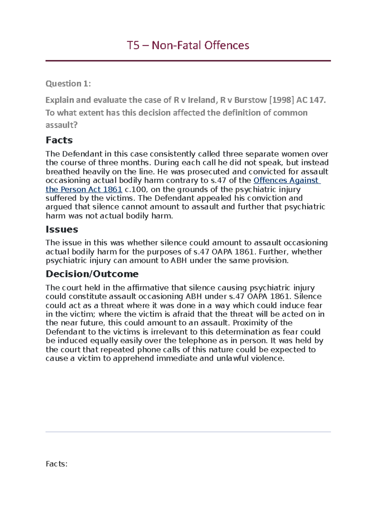 T5 - tutorial - T5 – Non-Fatal Offences Question 1: Explain and ...