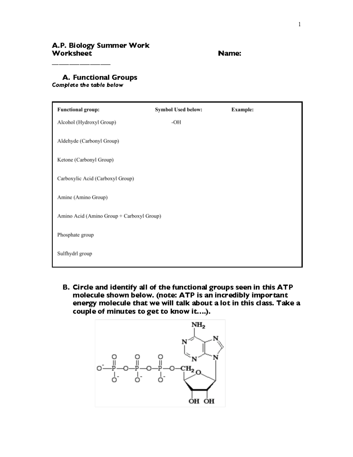 Functional groups practice - A. Biology Summer Work Worksheet Name ...