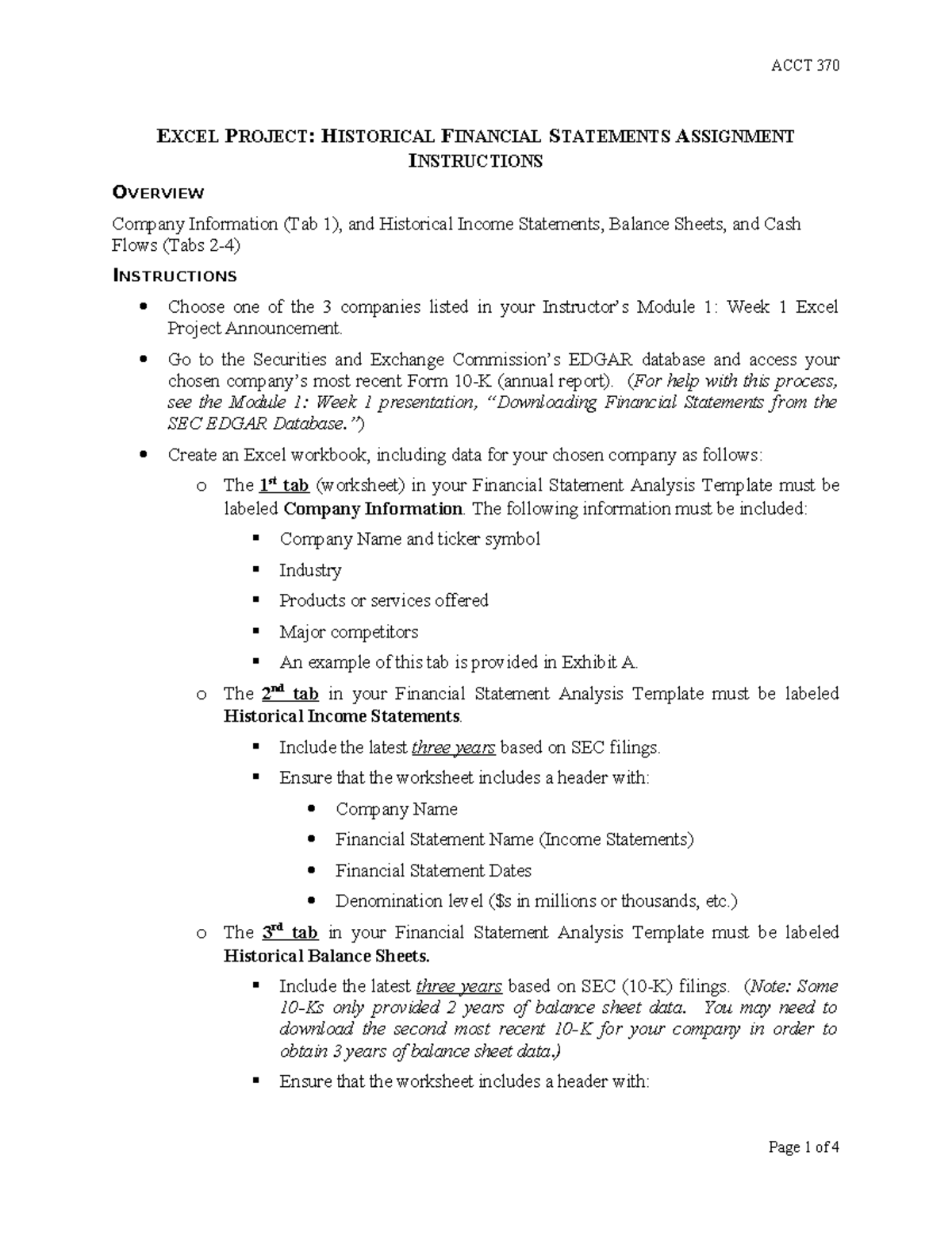 Excel Project Historical Financial Statements Assignment Instructions ...