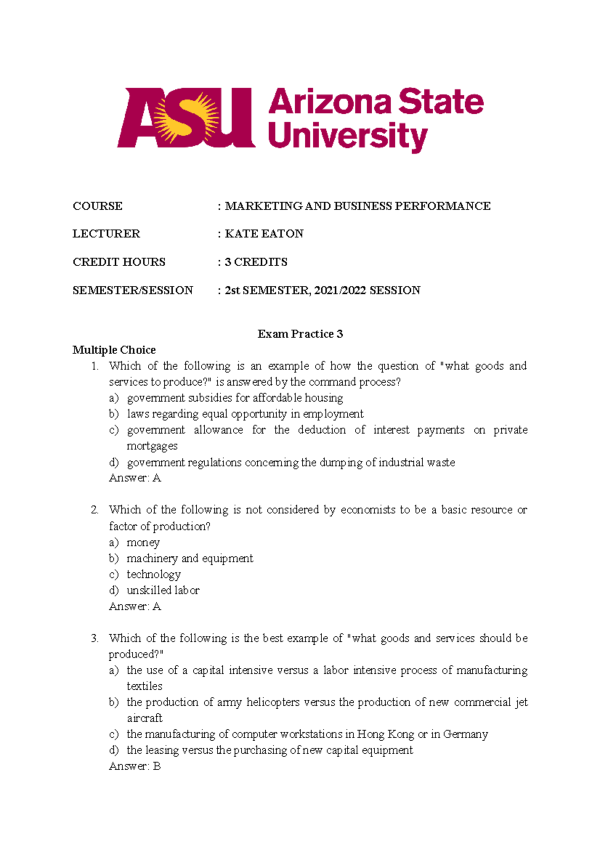 Exam Practice Business Management - COURSE : MARKETING AND BUSINESS ...