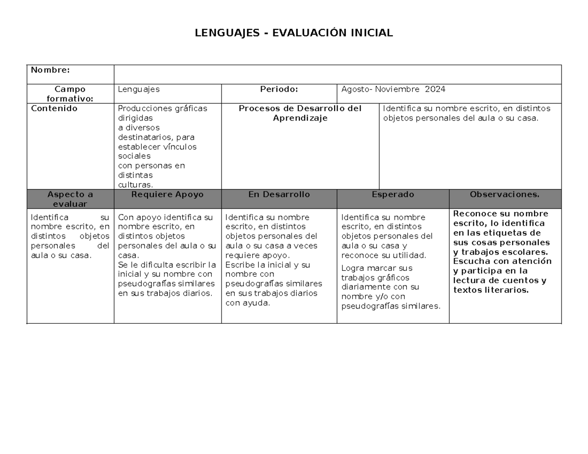 Rubricas DE Evaluacion Inicial - LENGUAJES - EVALUACIÓN INICIAL Nombre ...