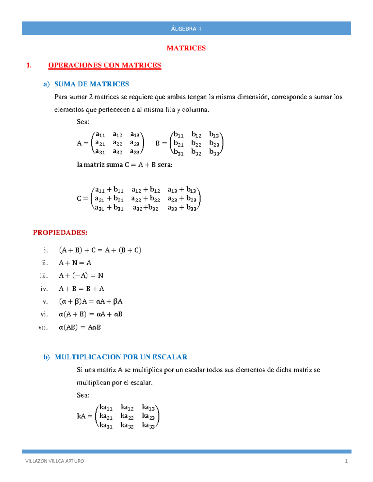 Curso DE Algebra 2 2023 - preparacion - MATRICES 1. OPERACIONES CON ...