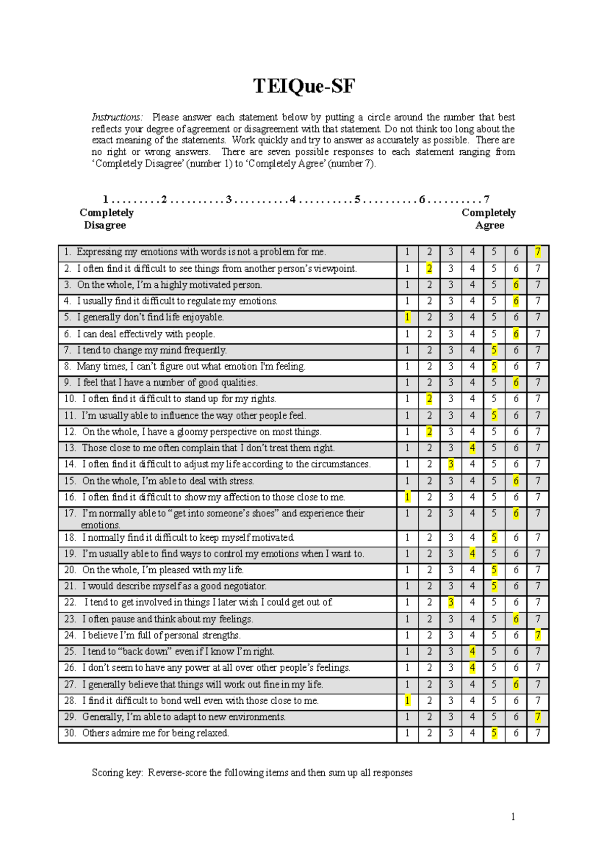The TEIQue-SF with scoring - TEIQue-SF Instructions: Please answer each ...