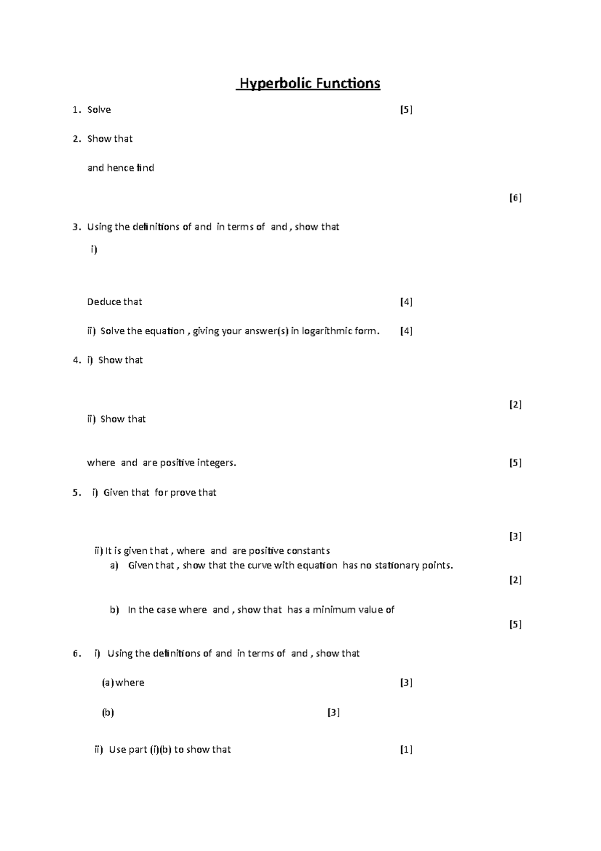 (assignment) Hyperbolic Functions - Hyperbolic Functions Solve [5] Show ...