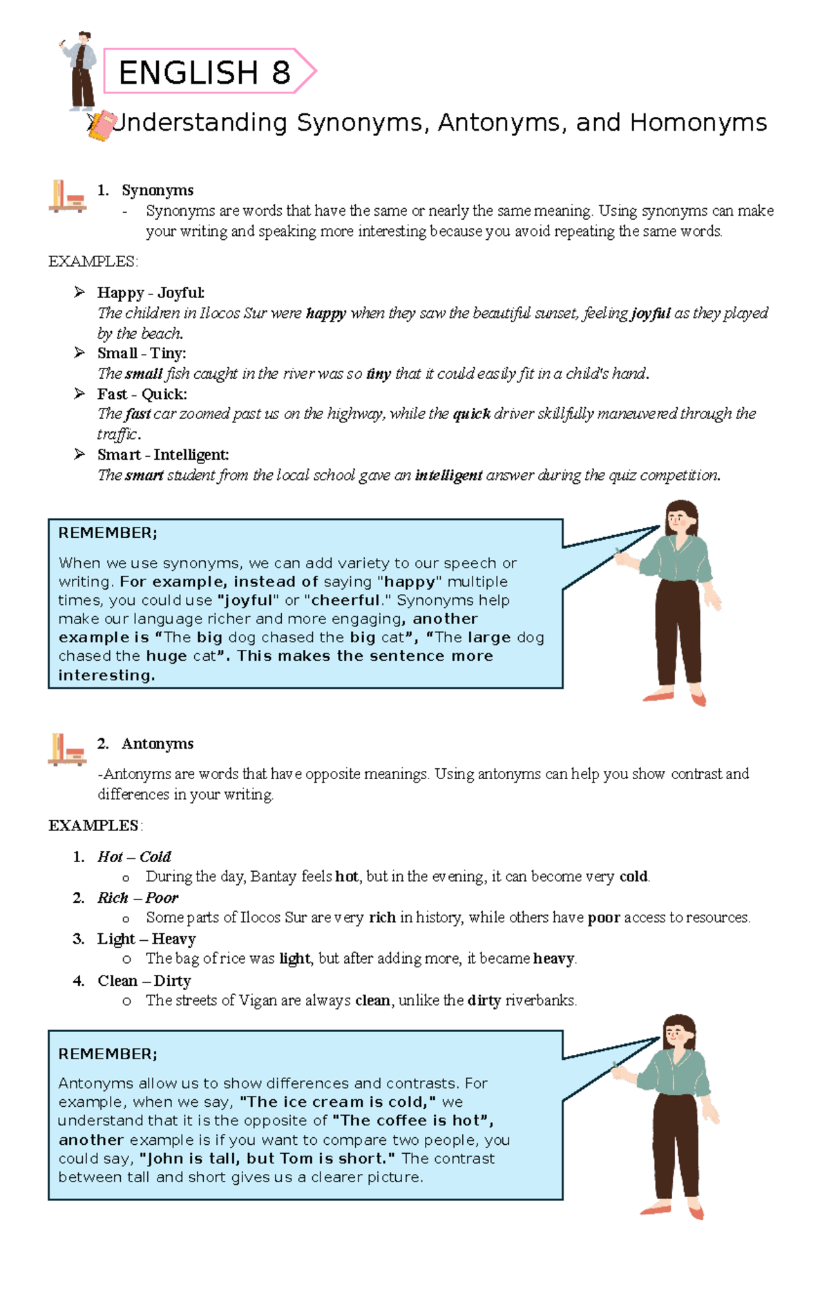 Understanding Synonyms Antonyms and Homonyms Grade 8 - Understanding ...