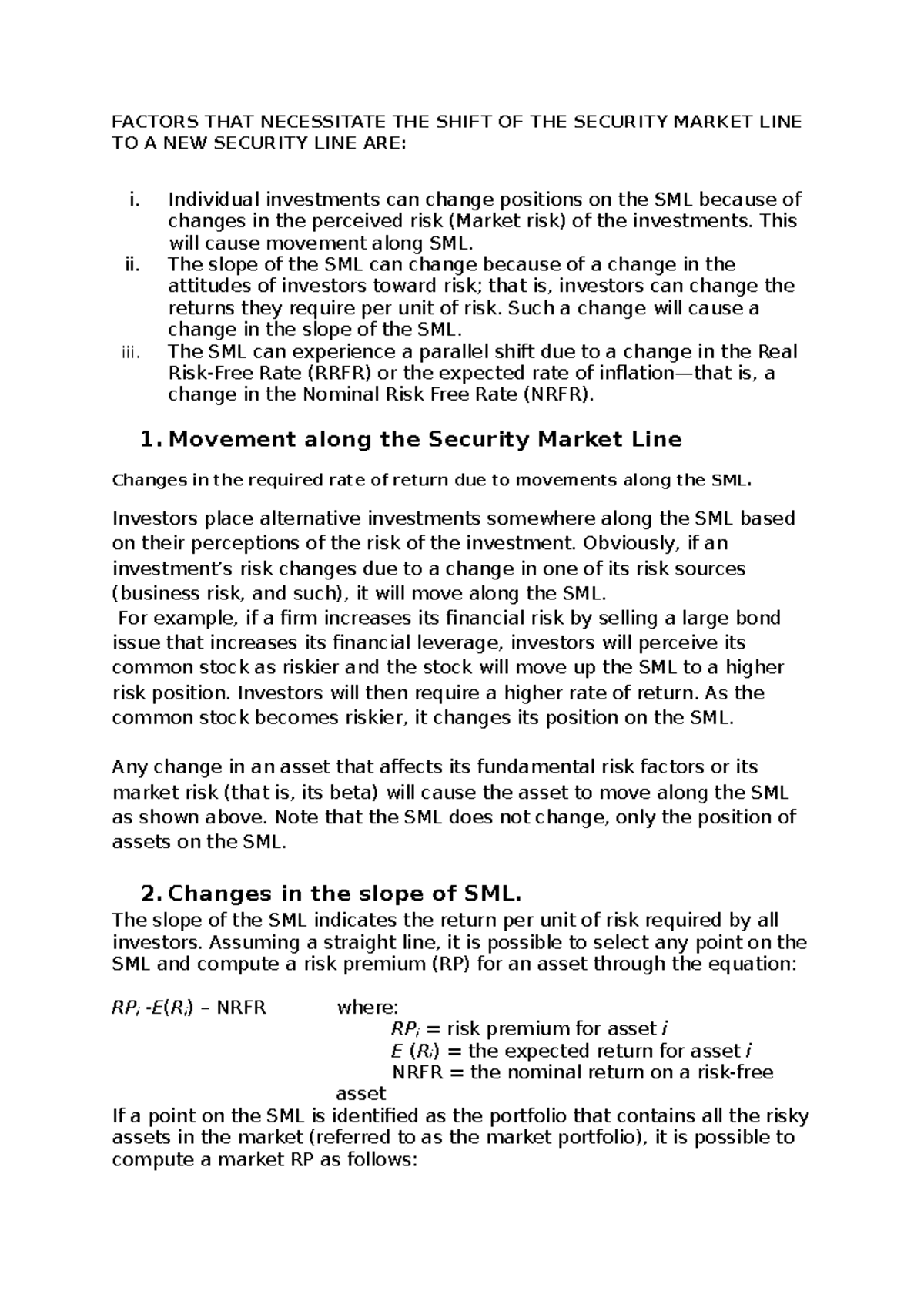 Factors THAT Necessitate THE Shift OF THE Security Market LINE TO A NEW ...
