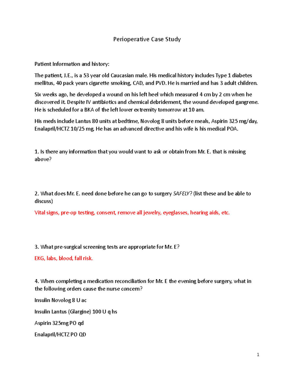 Perioperative case study - Perioperative Case Study Patient Information ...