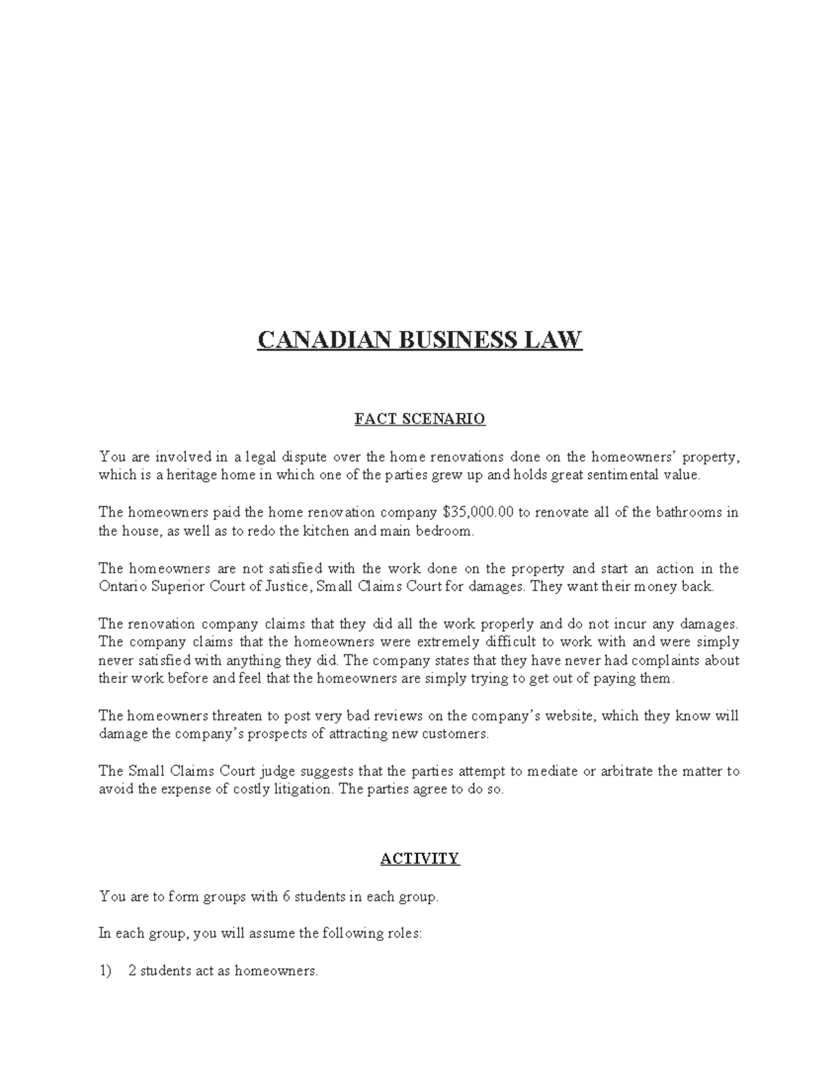 Canadian Business LAW - major assignment - CANADIAN BUSINESS LAW FACT ...