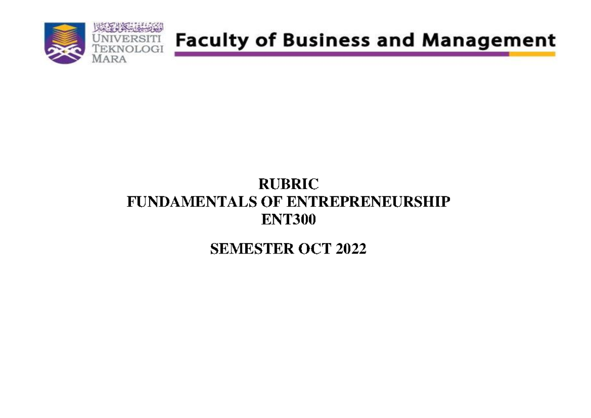 Ent300 Rubrics Oct2022 Rubric Fundamentals Of Entrepreneurship Ent