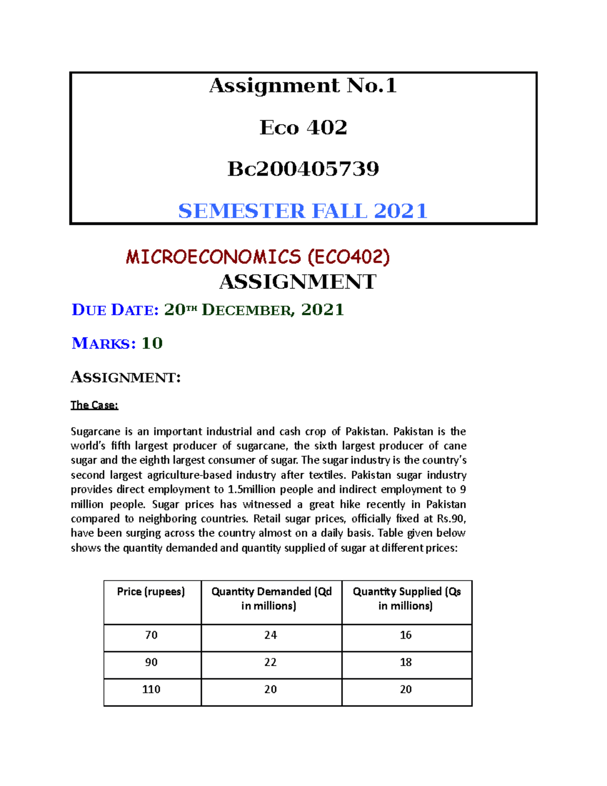 Assignment NO. 1 fall 2021 - Assignment No. Eco 402 Bc SEMESTER FALL 2021 MICROECONOMICS (ECO402 ...