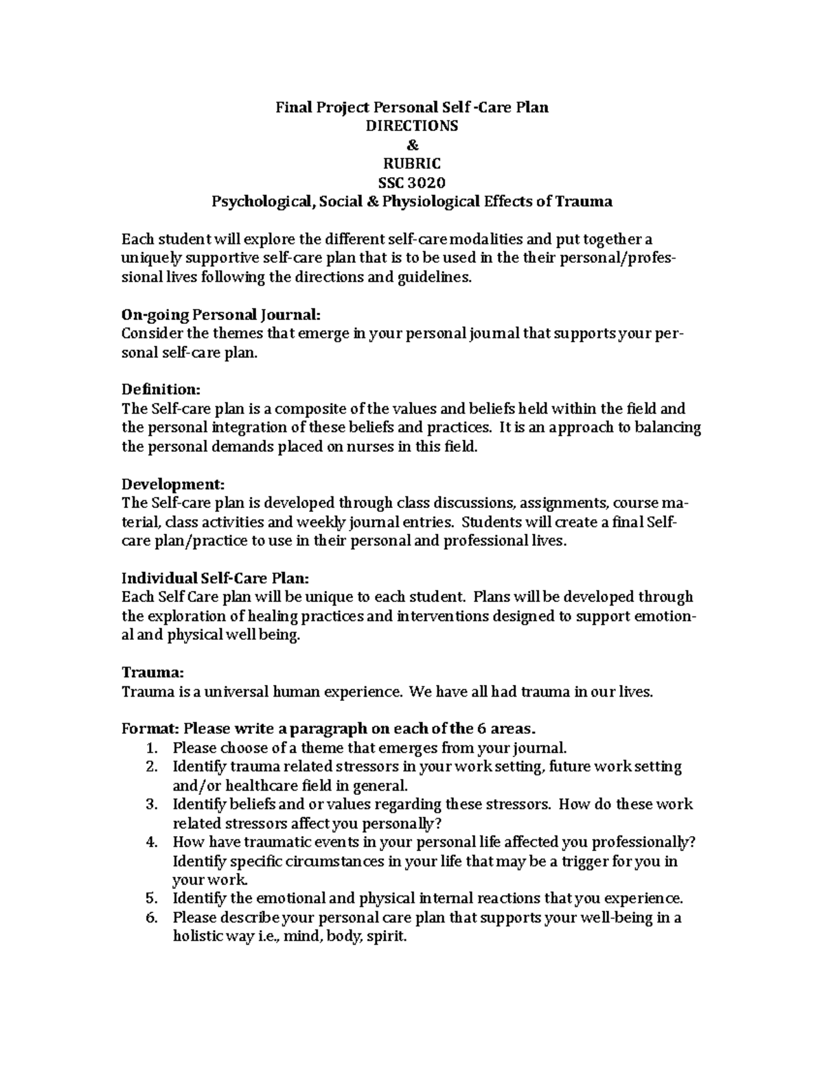Final Project-Self Care Plan Rubric - **Final Project Personal Self ...