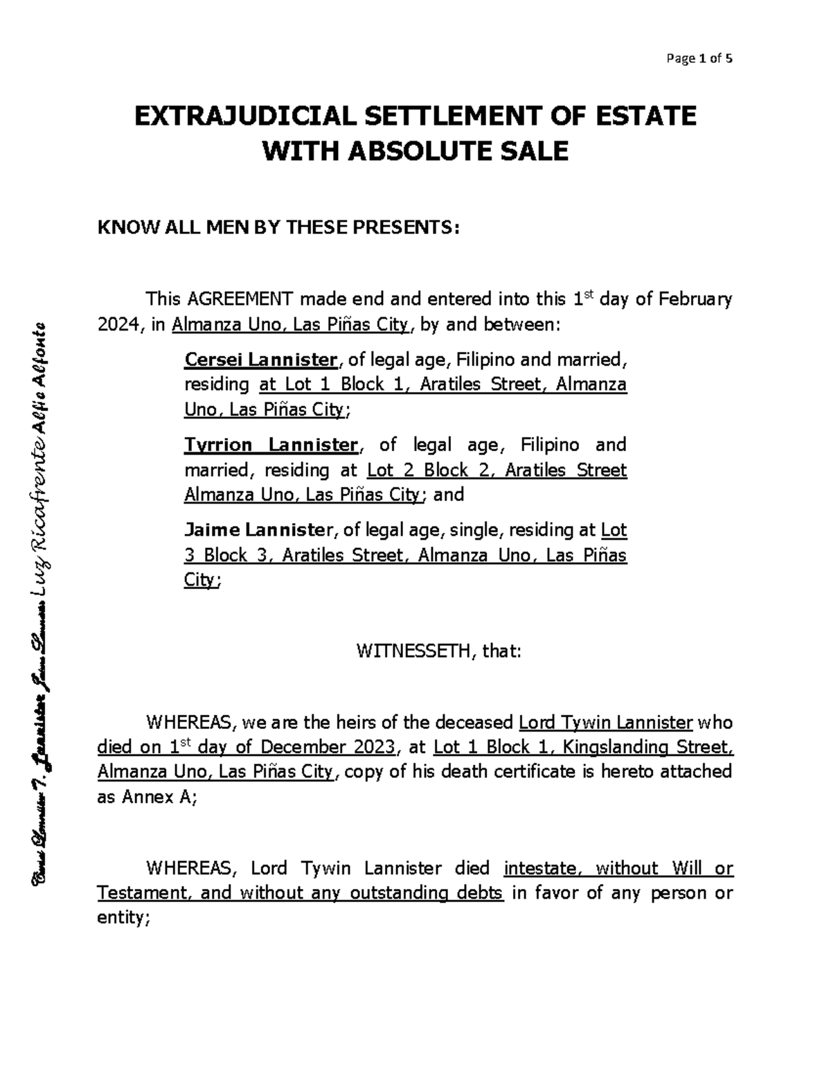 Extrajudicial Settlement OF Estate WITH Absolute SALE KNOW ALL MEN BY ...
