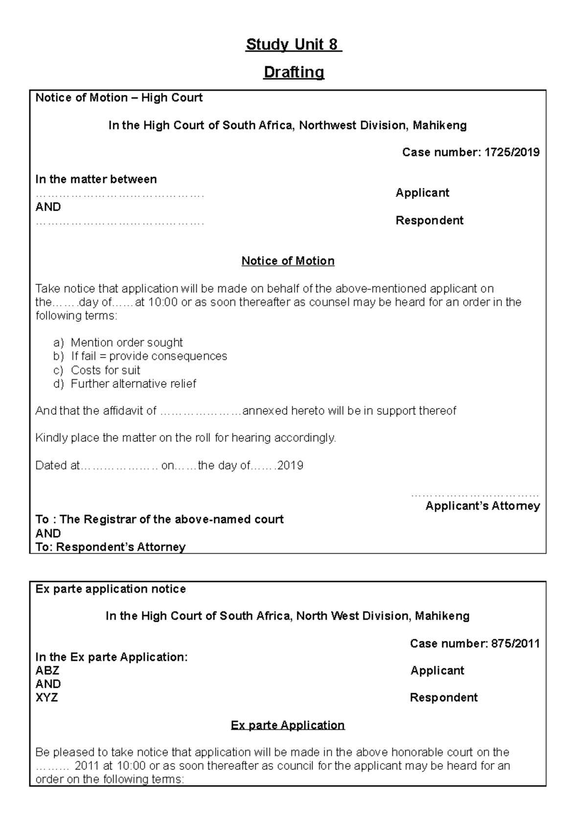 Study Unit 8 - Drafting - Civil Procedure: A Practical Guide - Study ...