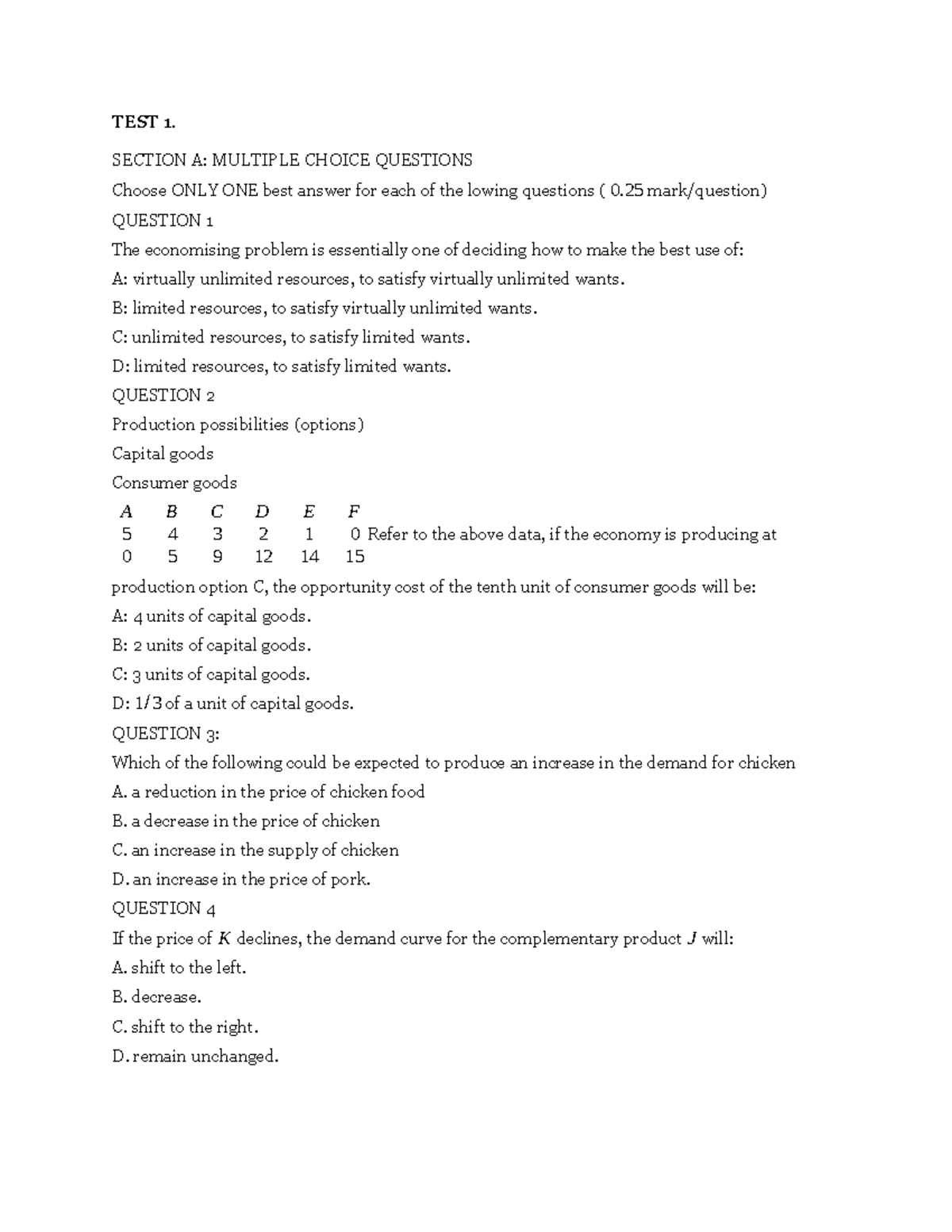 TEST-1 - test for micro - TEST 1. SECTION A: MULTIPLE CHOICE QUESTIONS ...